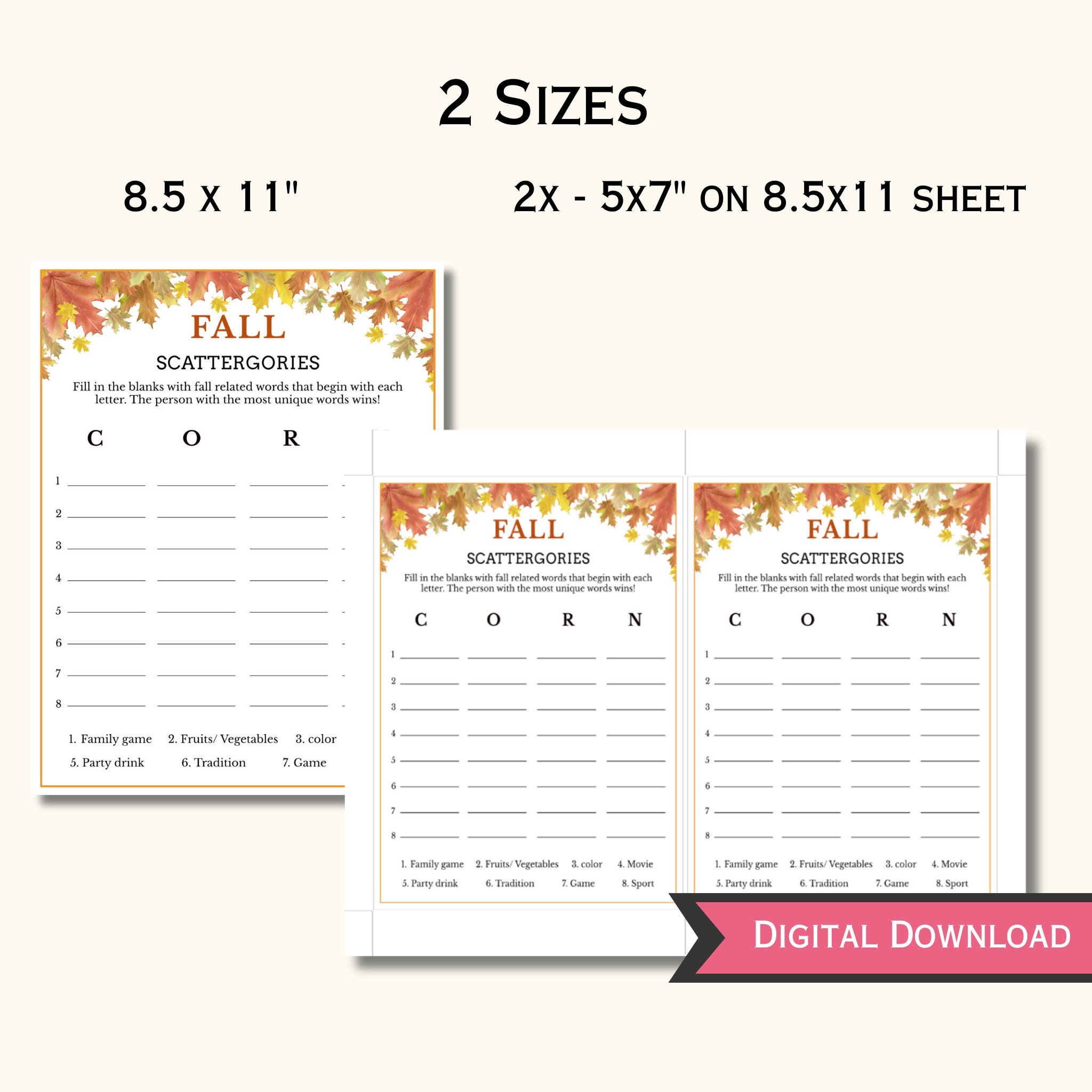 Fall Scattergories Game Printable Autumn Game Fun Fall Time Activities ...