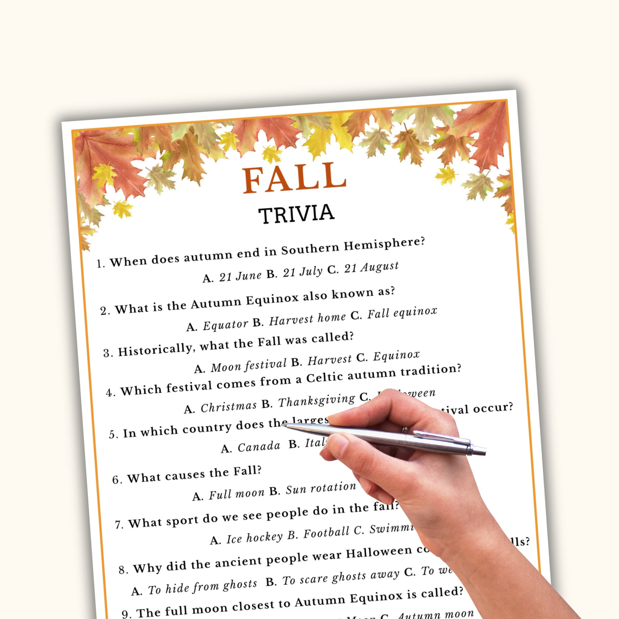 Fall Trivia Game - Printable Autumn Game - Fun Fall Time Activities ...