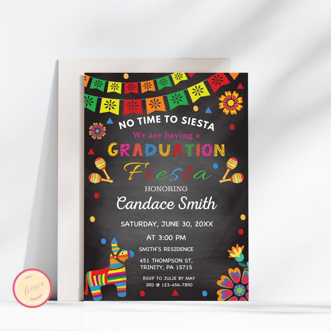 Graduation Fiesta Party Invitations Editable College, High School ...