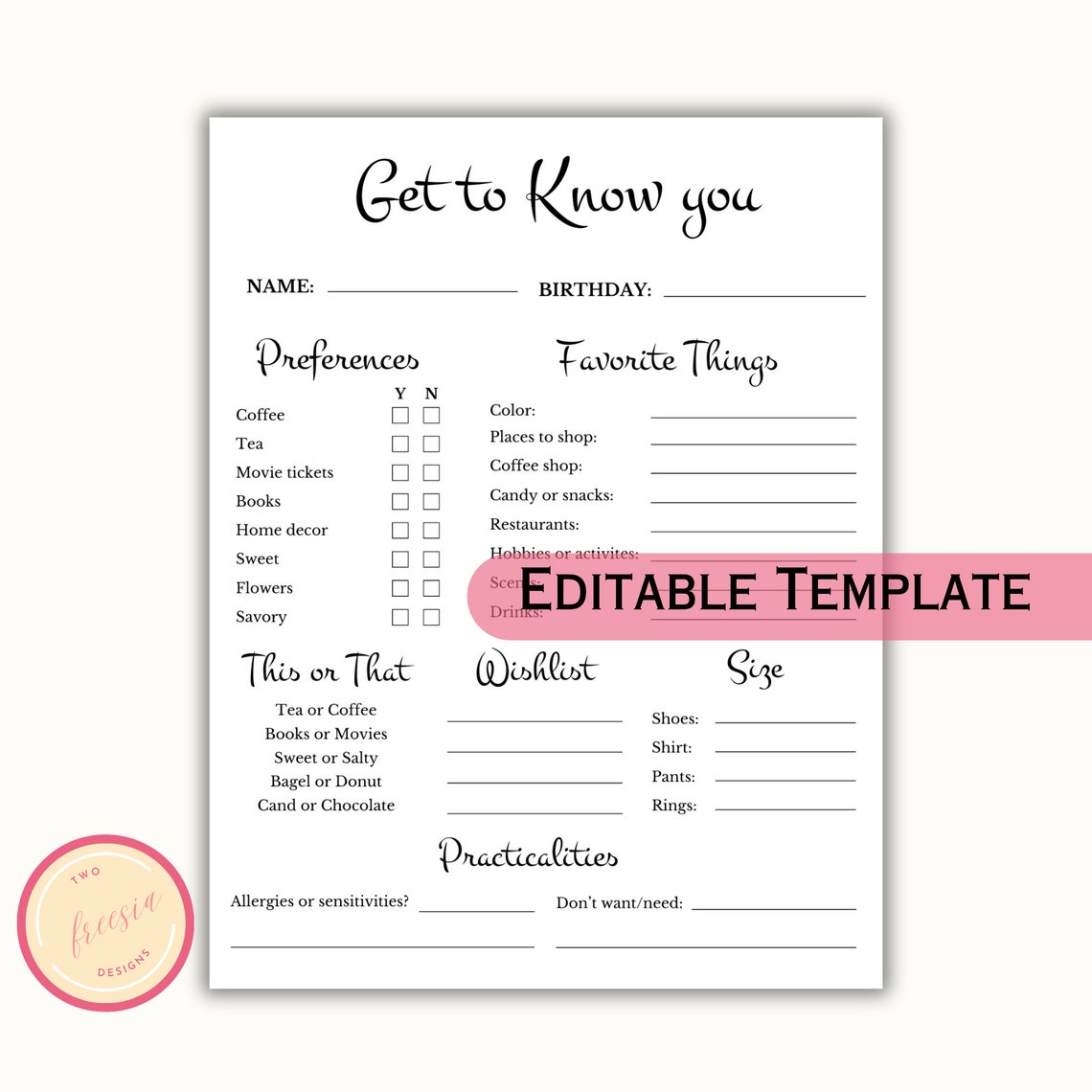 Editable Get to Know You Questionnaire Template - All About Me Survey ...