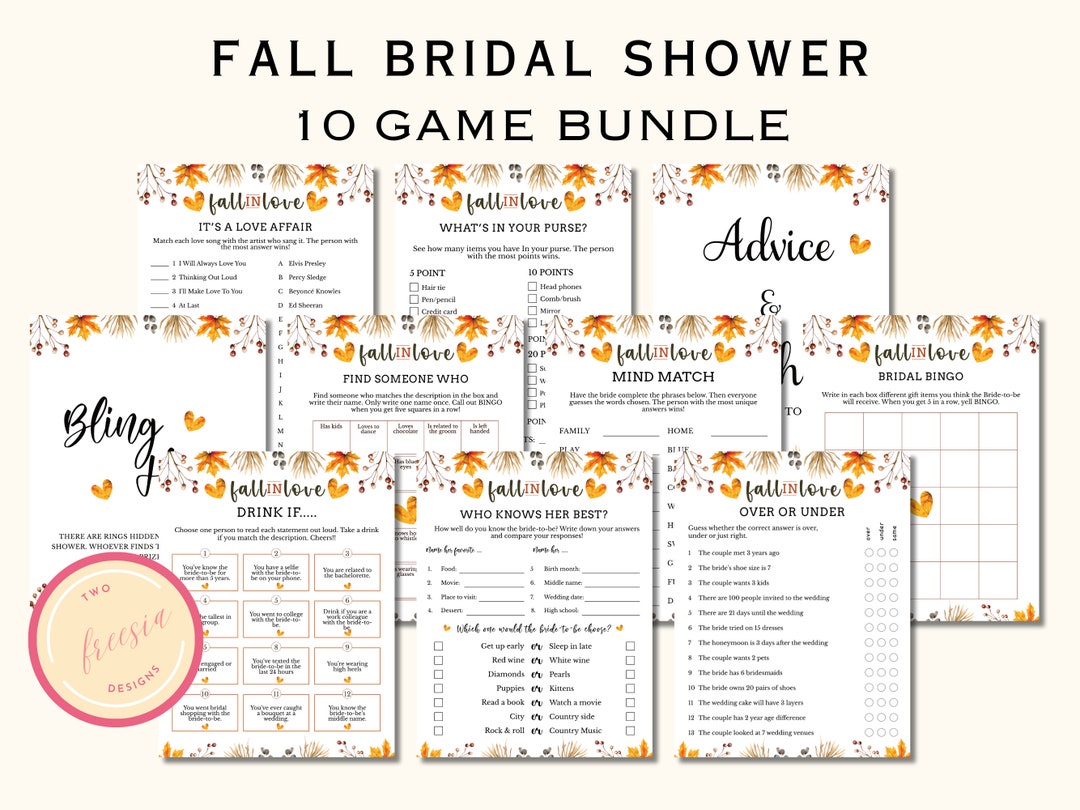 Fall in Love Bridal Shower Game Bundle - Printable Fall Bridal Party ...