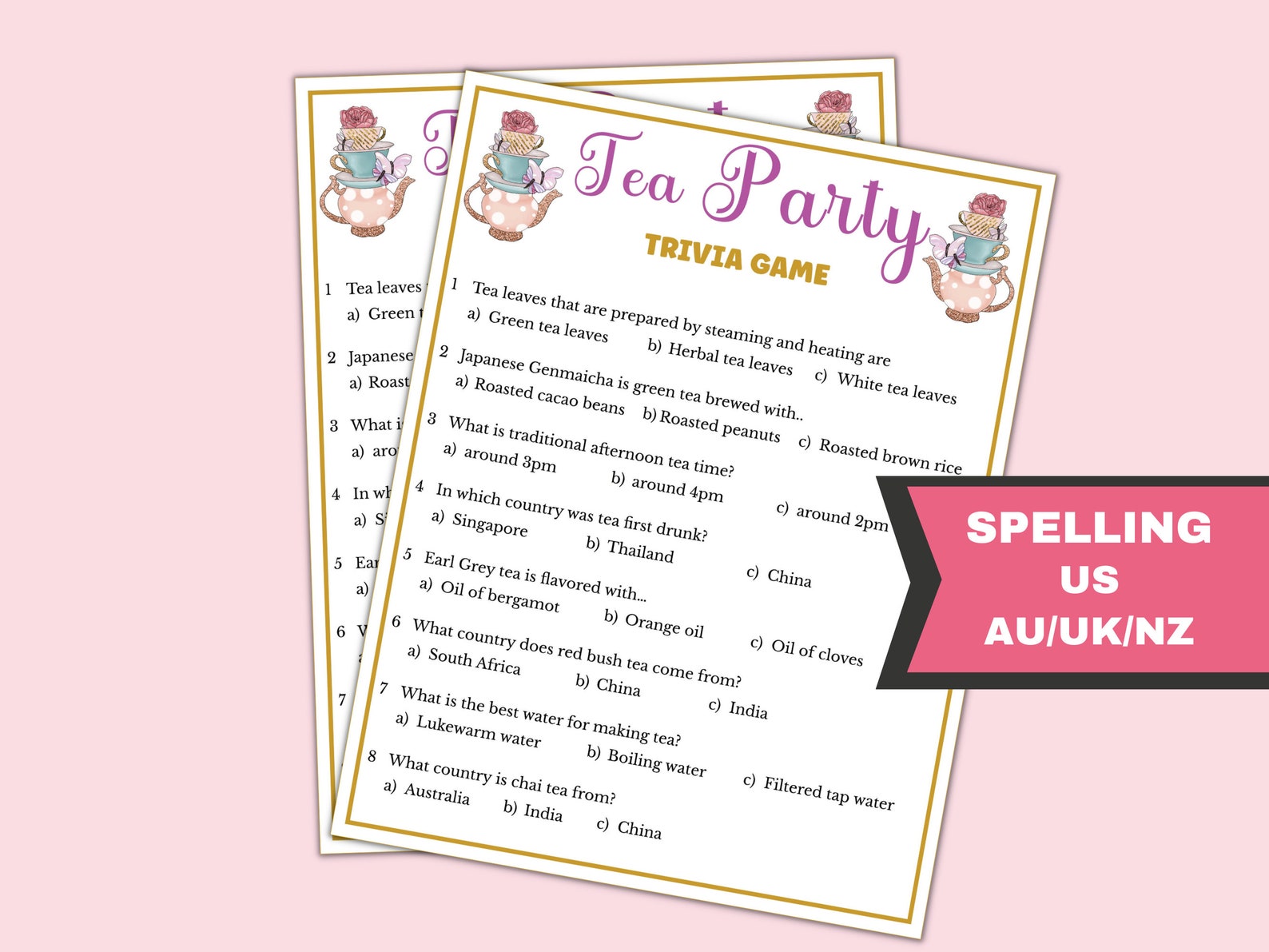 Tea Party Trivia Game Printable Tea Party Games For Birthdays Bridal