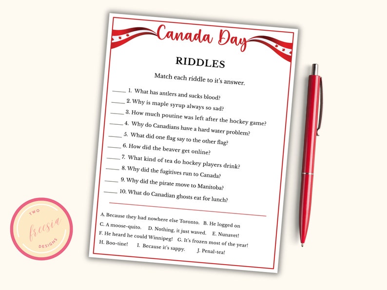 Printable Canada Day Riddles Game - Canada Day Game and Activity for ...