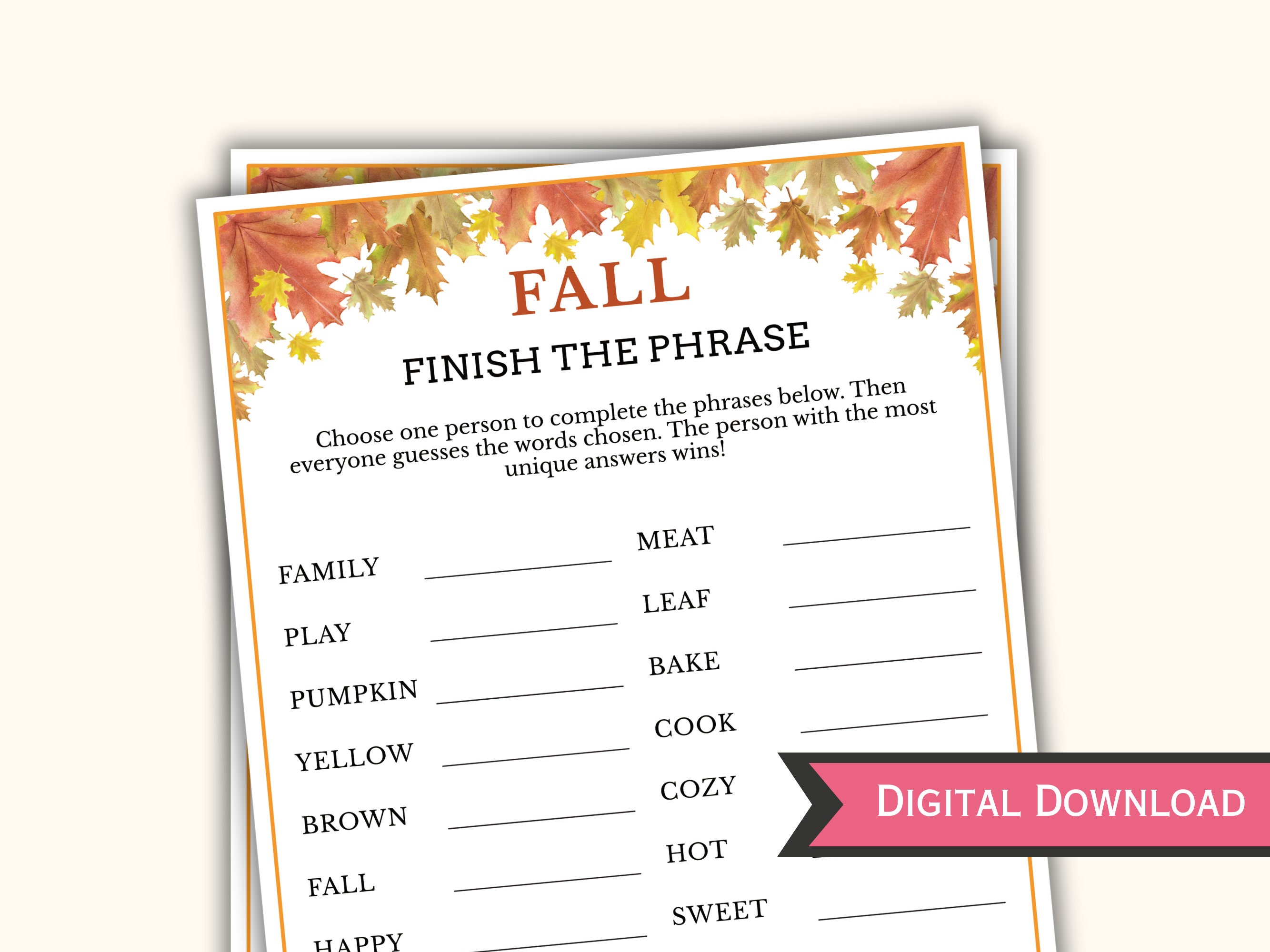 Fall Finish the Phrase Game - Printable Autumn Game - Fun Fall Time ...
