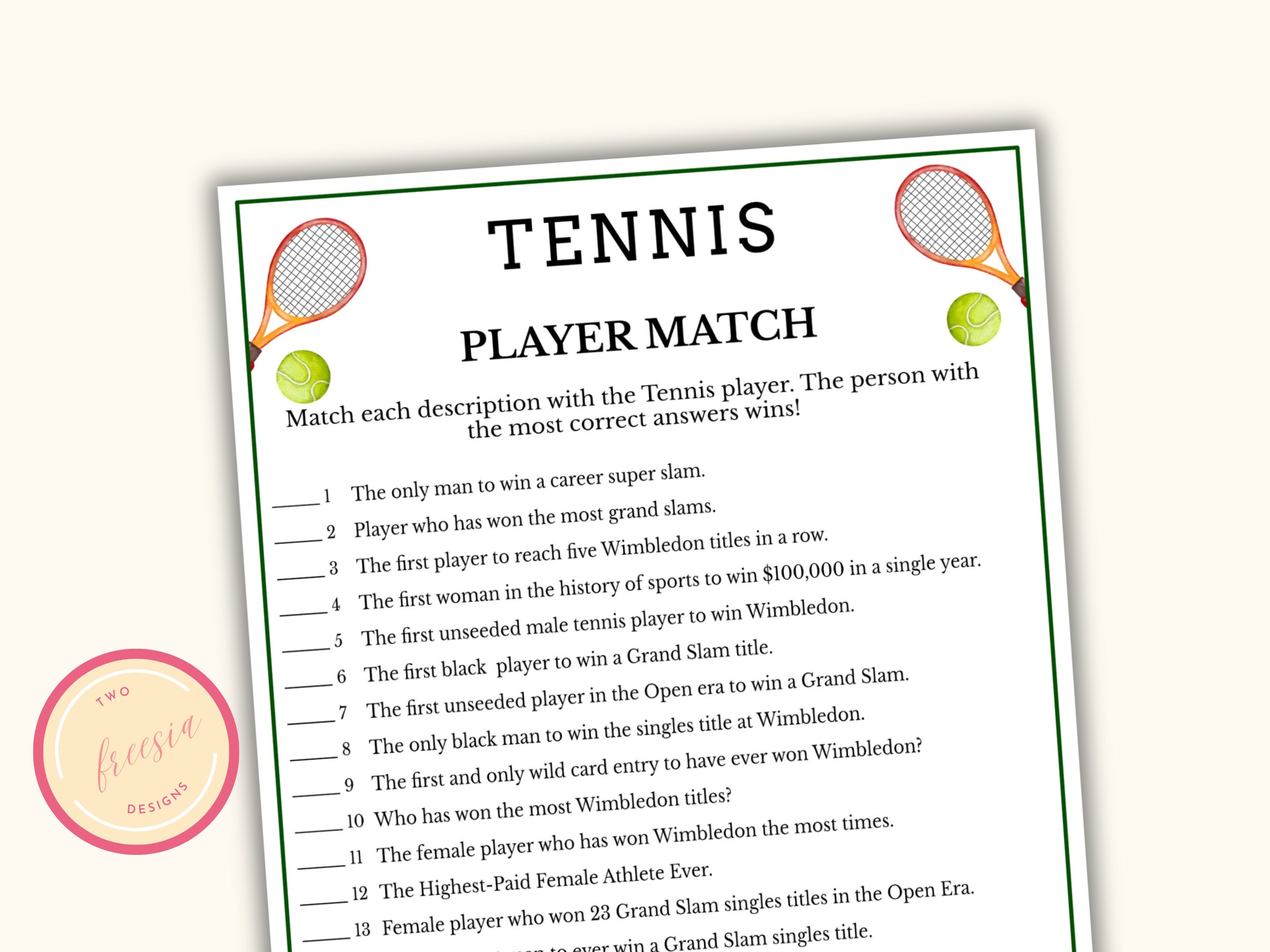 Printable Tennis-themed Party Game - Tennis Player Match - Tennis Party ...