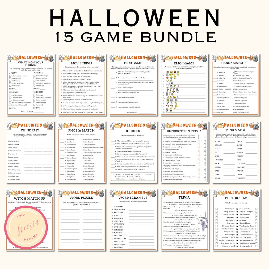 15 Halloween Party Game Bundle Printable for Kids and Adults Icebreaker ...