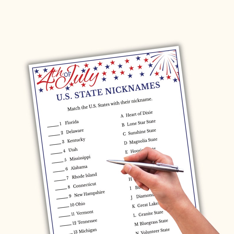 State Nicknames Match Game Printable Fourth of July Game Independence ...
