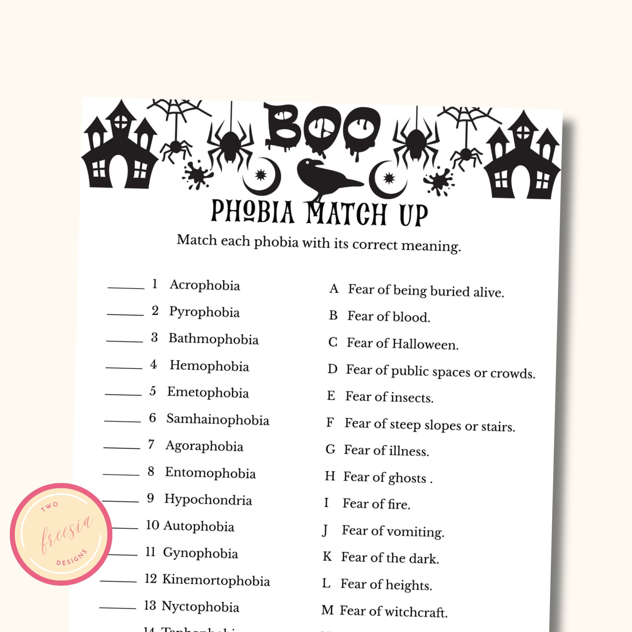 Halloween Phobia Matchup Game - Printable Halloween Party Game for ...