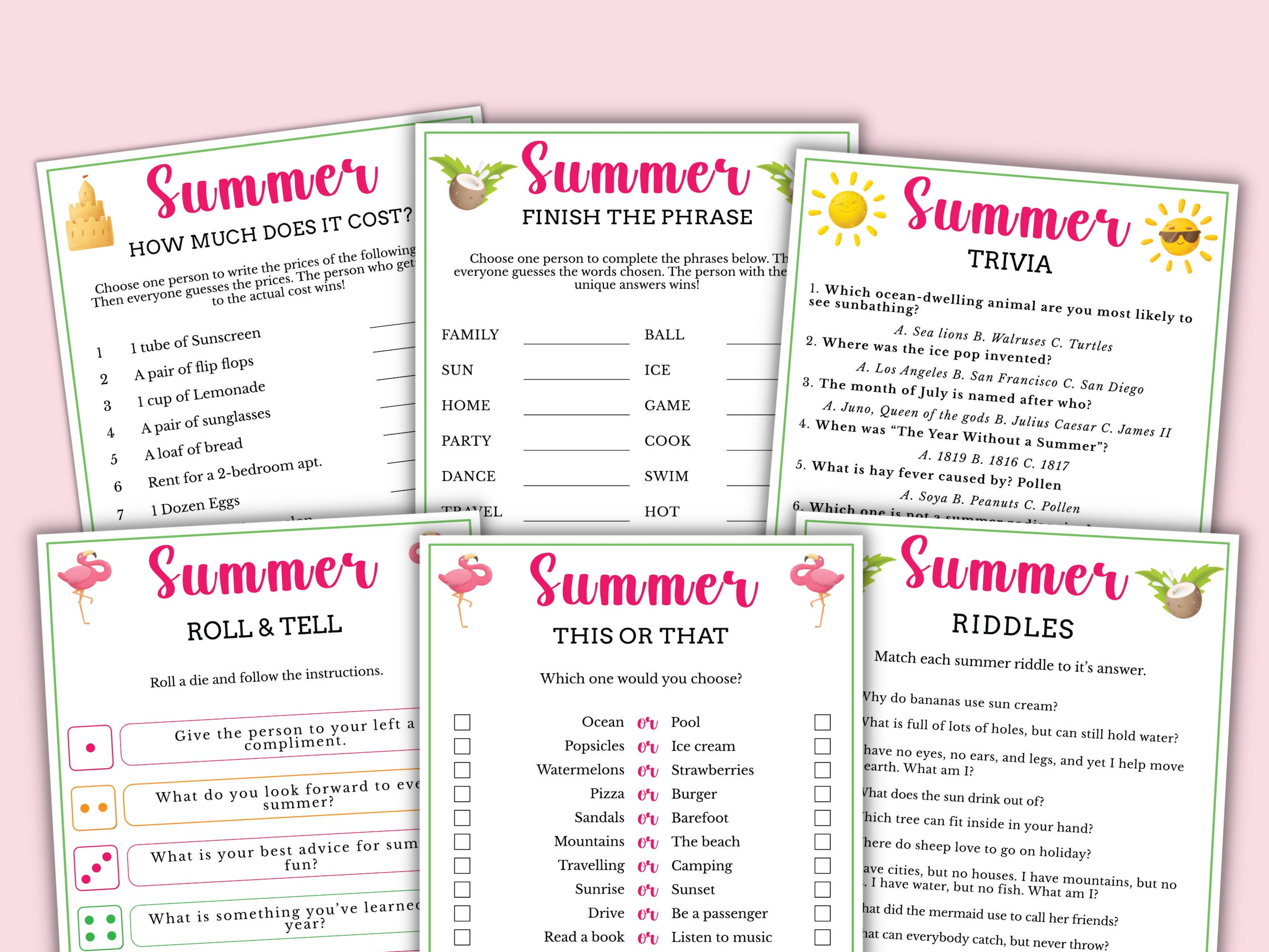 12 Printable Summer Game Bundle for Kids and Adults - Beach, Pool Party ...