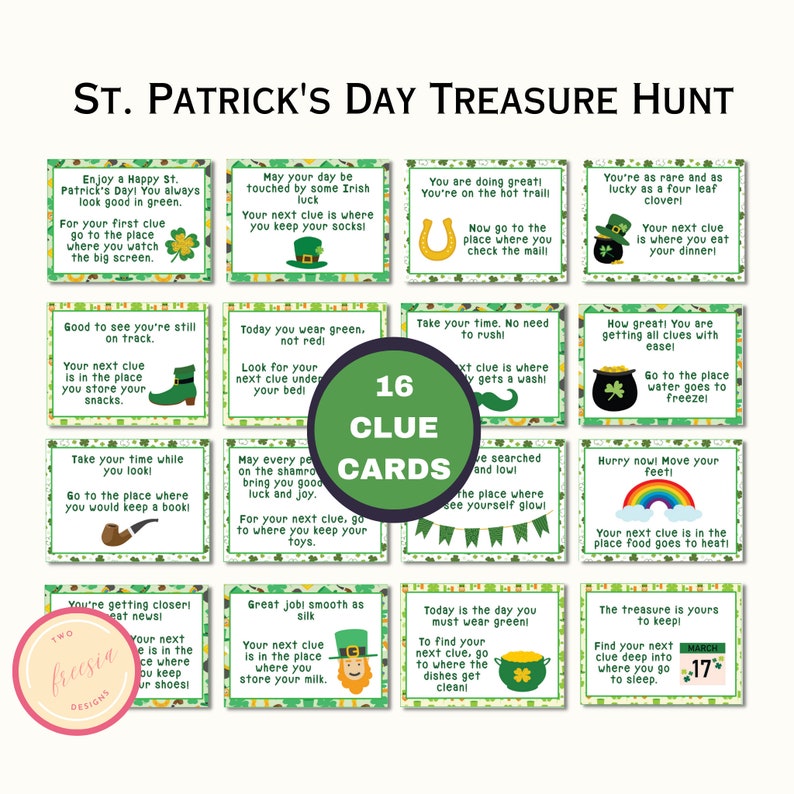 St. Patrick's Day Treasure Hunt - Printable Scavenger Hunt Clues ...