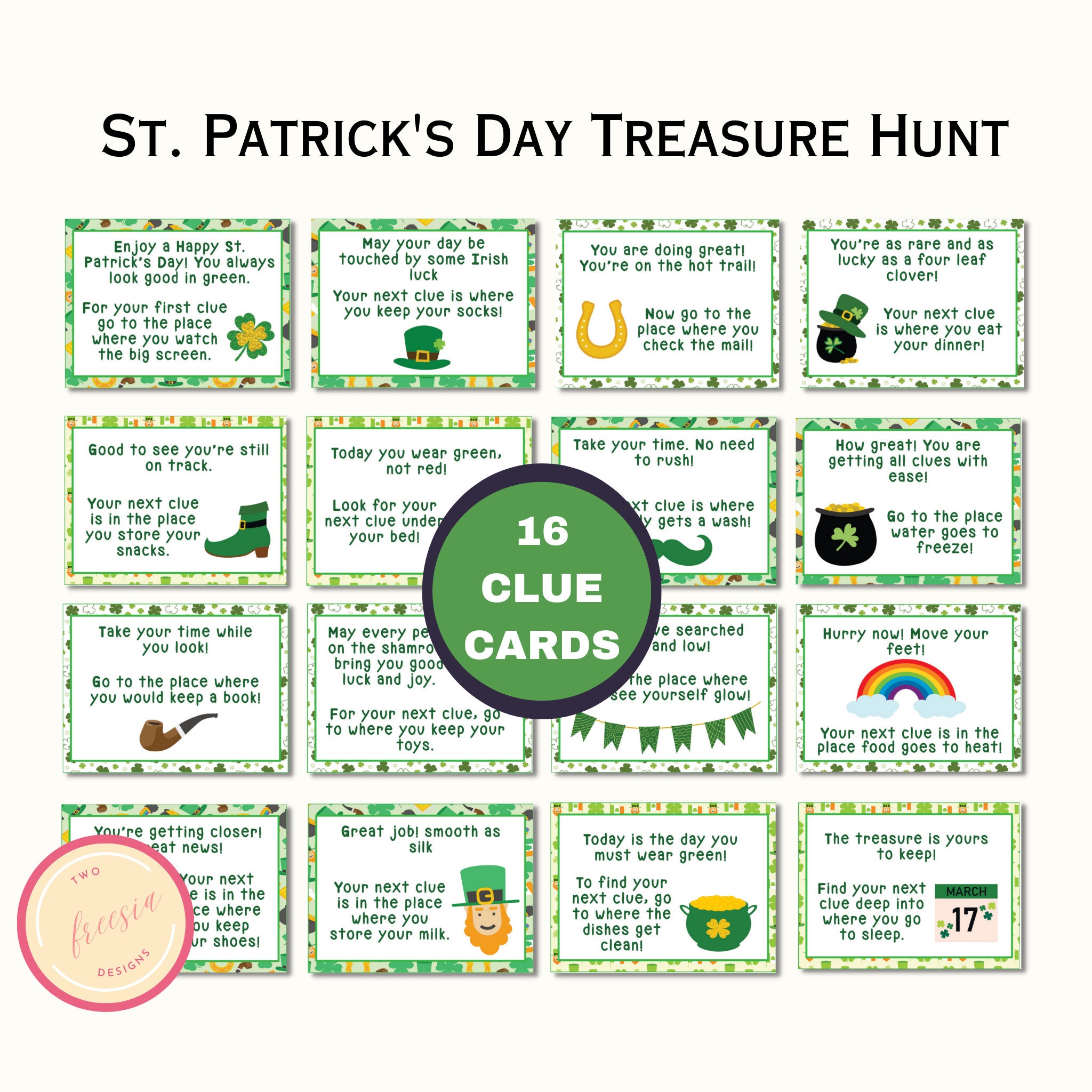 St. Patrick's Day Treasure Hunt - Printable Scavenger Hunt Clues ...
