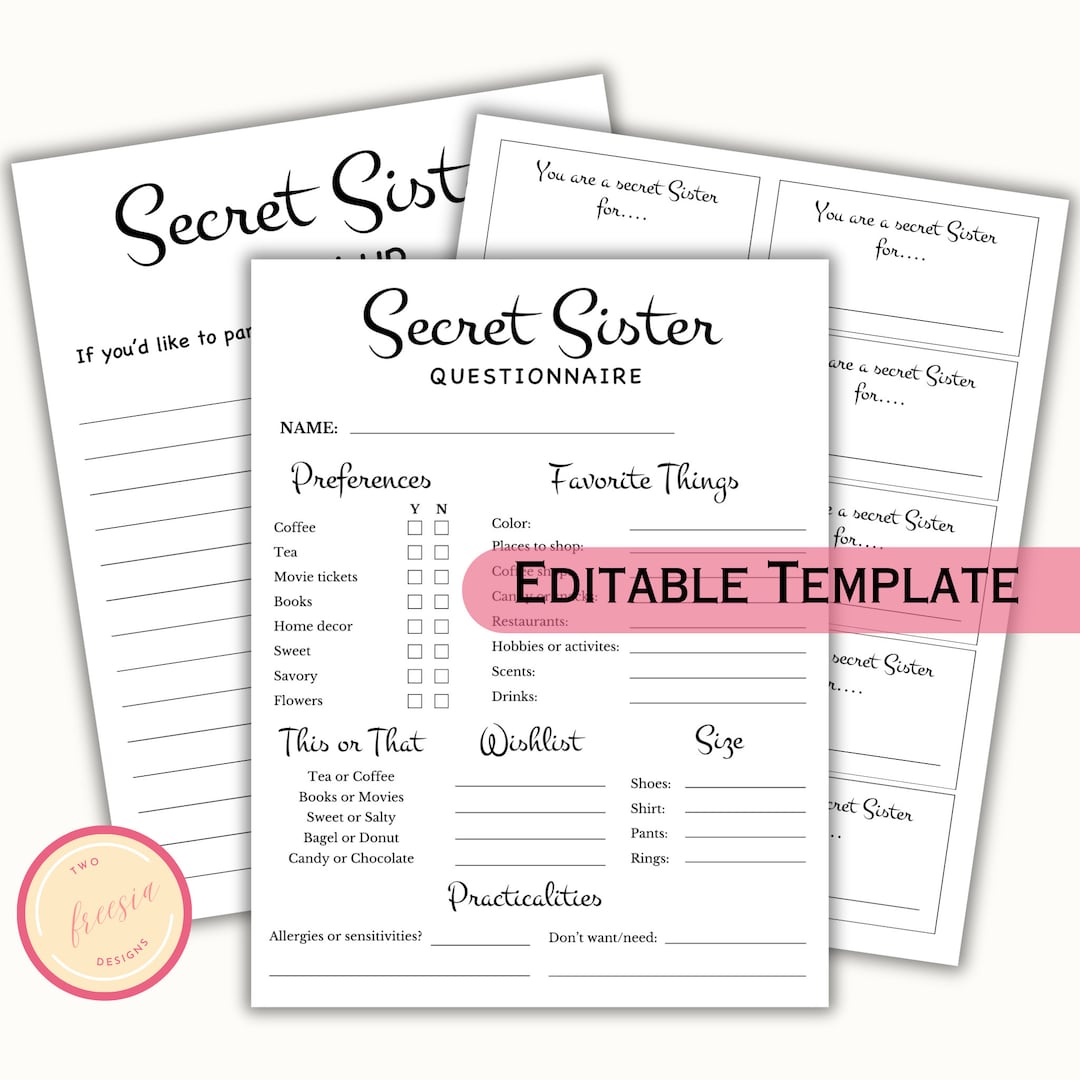 Editable Secret Sister Questionnaire - All About Me Survey - Gift ...