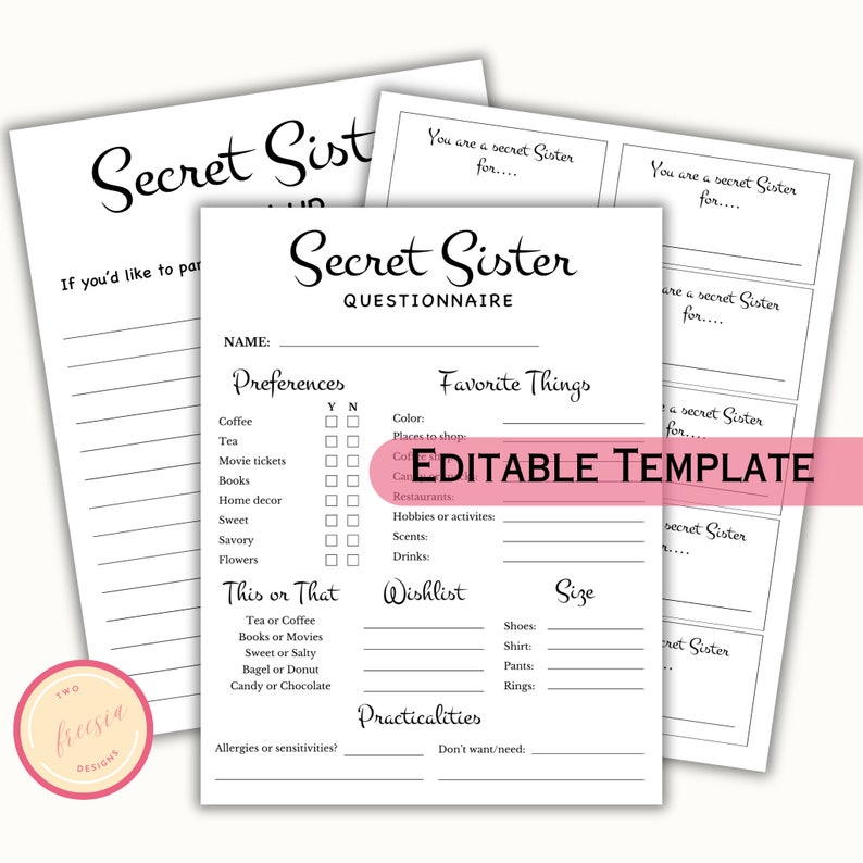 Editable Secret Sister Questionnaire - All About Me Survey - Gift ...