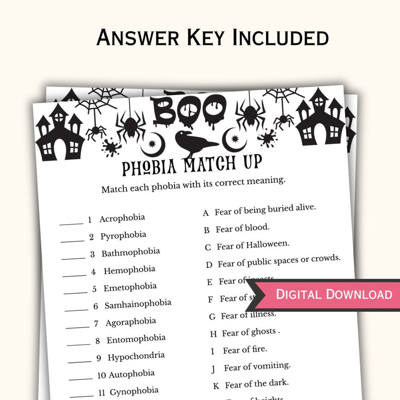 Halloween Phobia Matchup Game - Printable Halloween Party Game for ...
