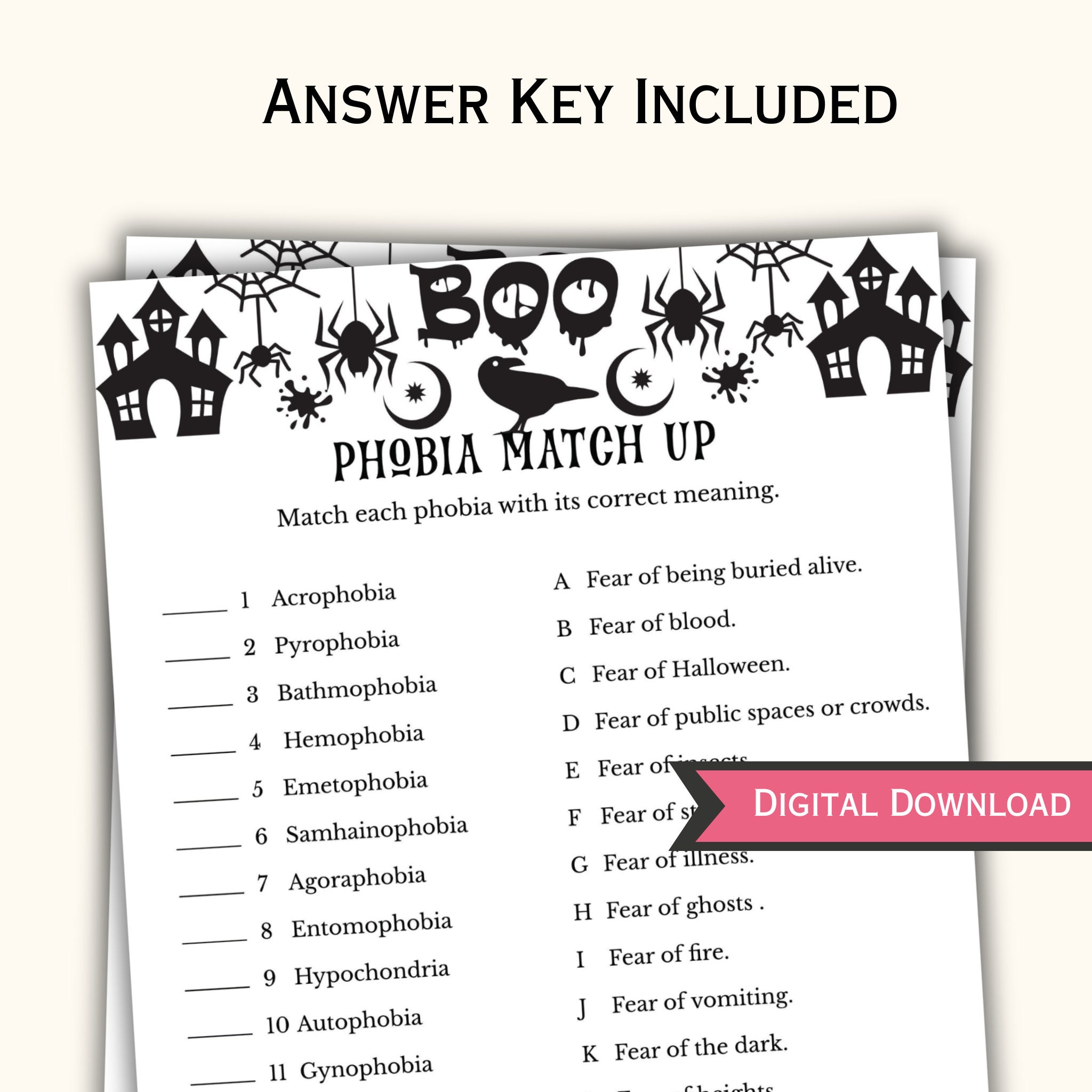 Halloween Phobia Matchup Game - Printable Halloween Party Game for ...