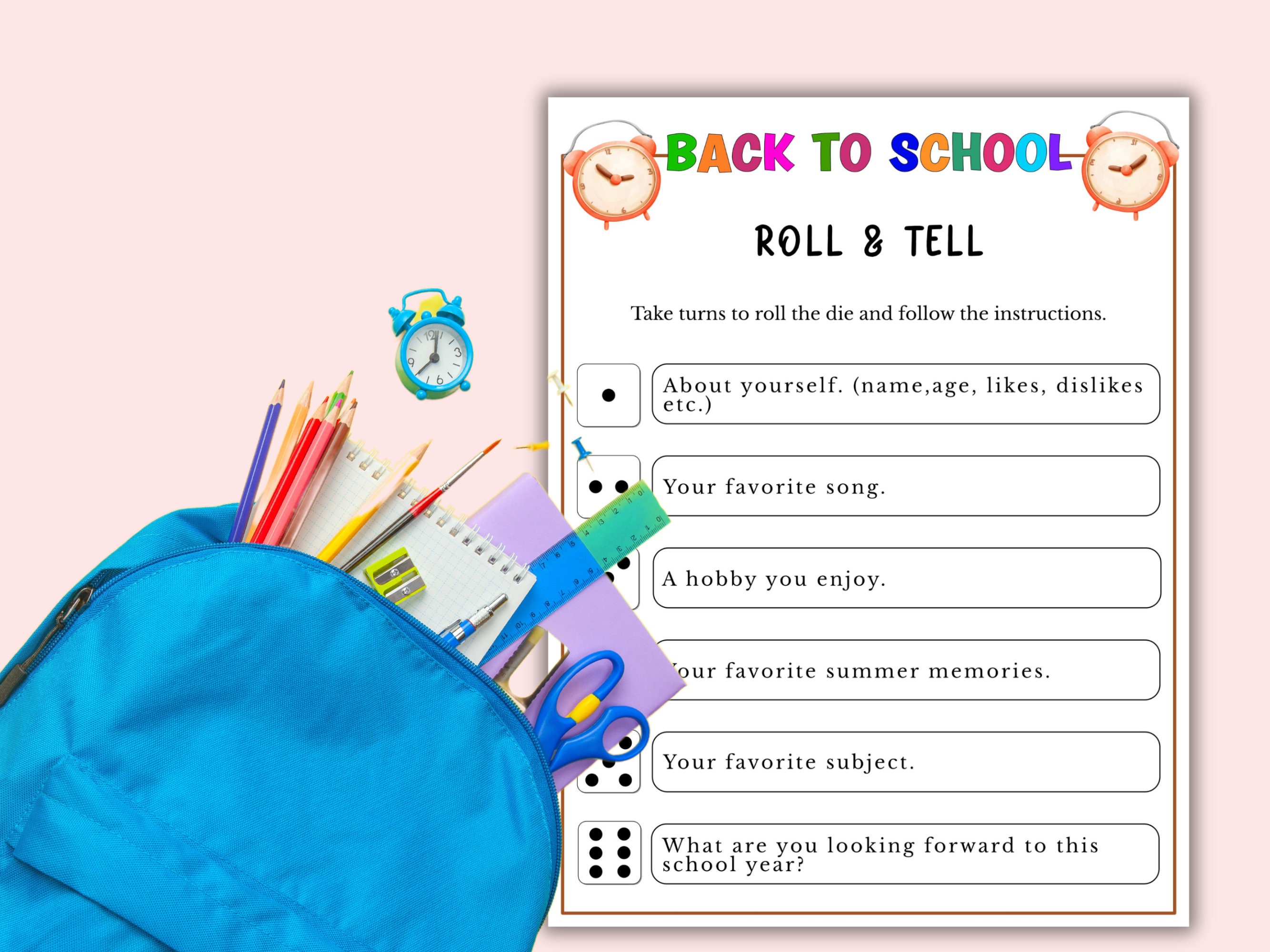 Roll and Tell Dice Game - Printable Back to School Game - First Day of ...