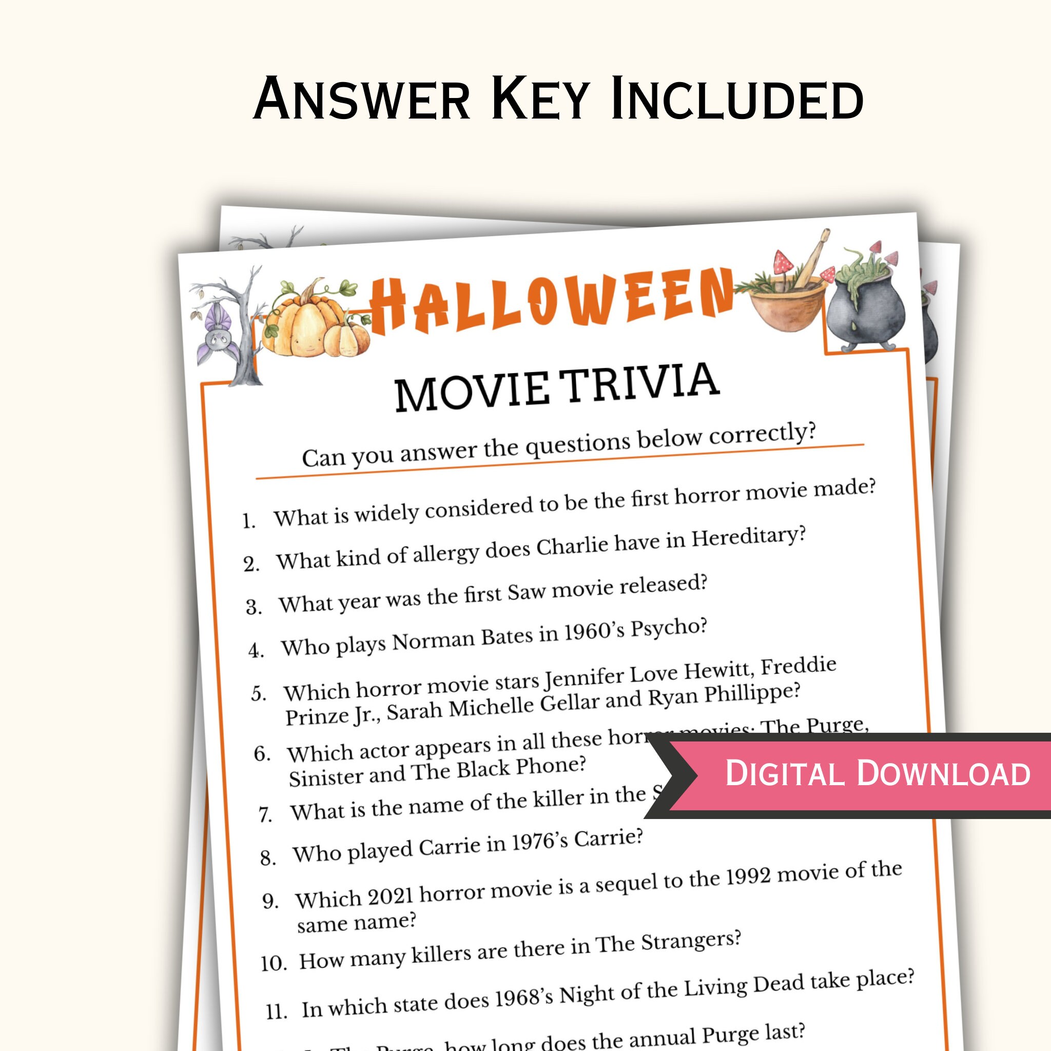 Halloween Movie Trivia - Printable Halloween Party Game for Teens and ...