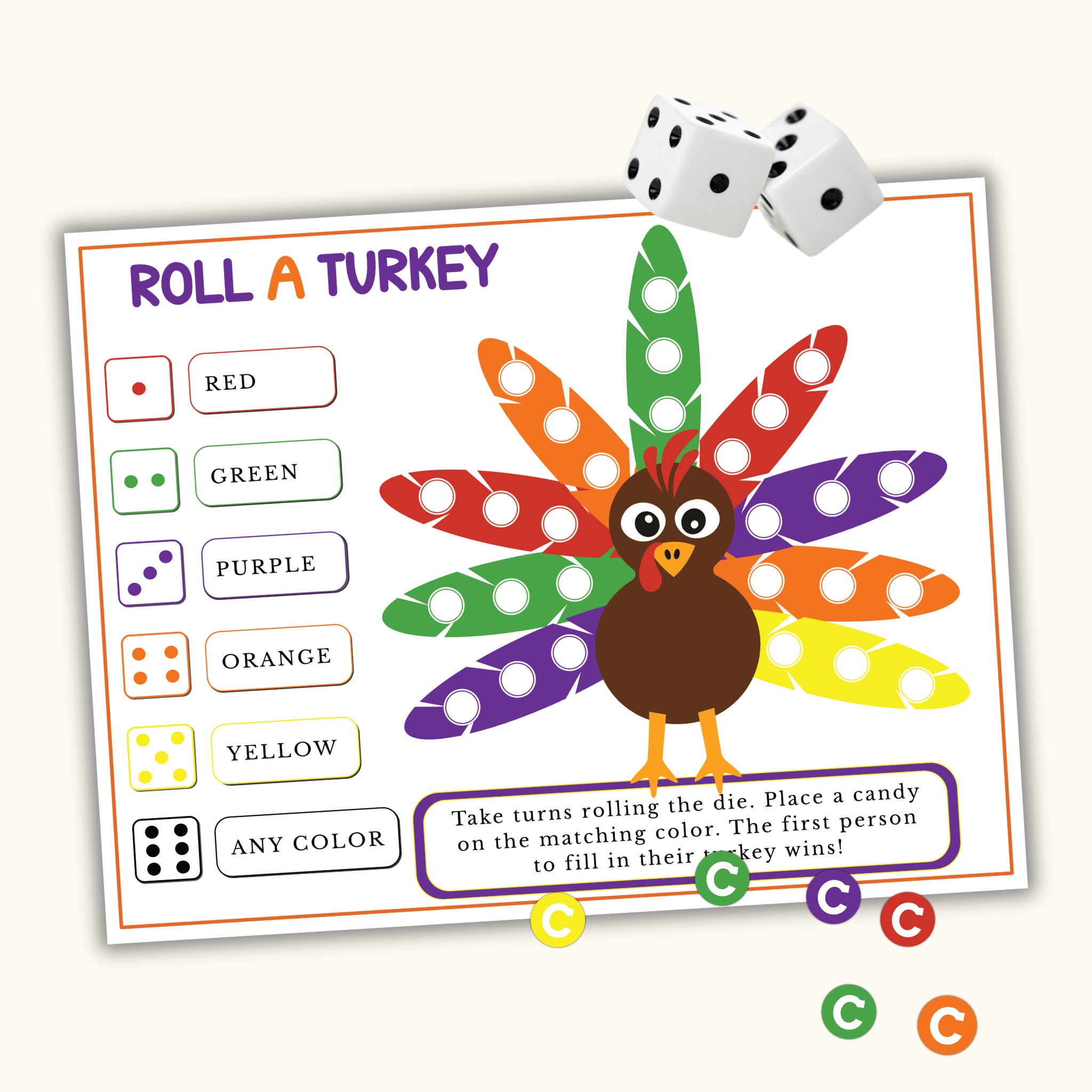 Roll a Turkey Dice Game - Printable Thanksgiving Game - Fall Activity ...