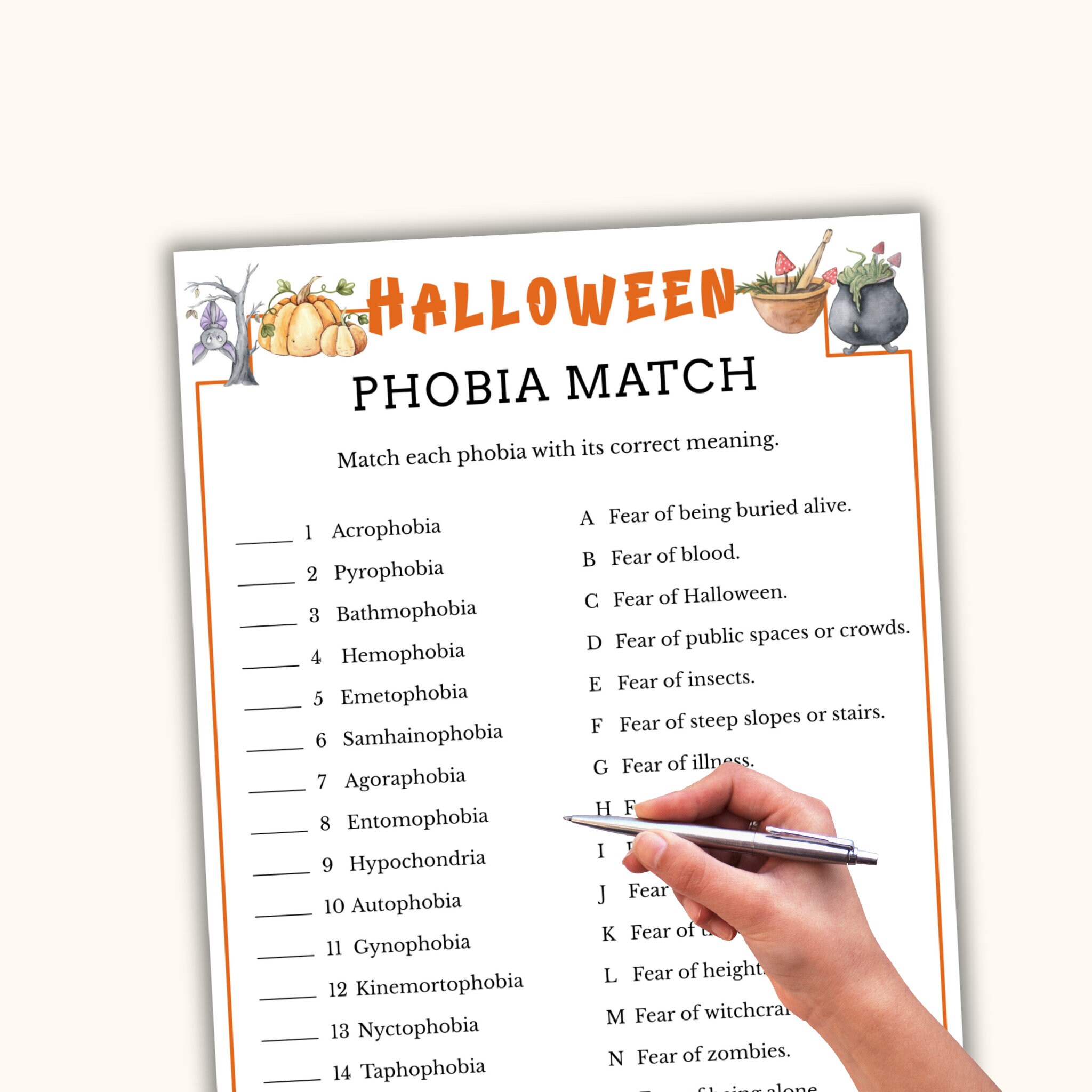 Phobia Match up Game - Printable Halloween Party Game for Teens ...