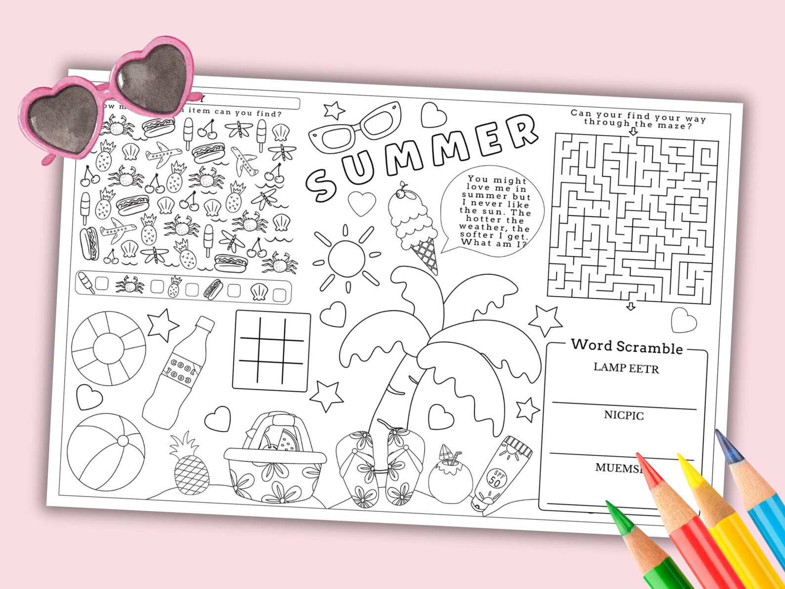 Summer Coloring and Activity Placemat - Printable Summer Activity Pages ...