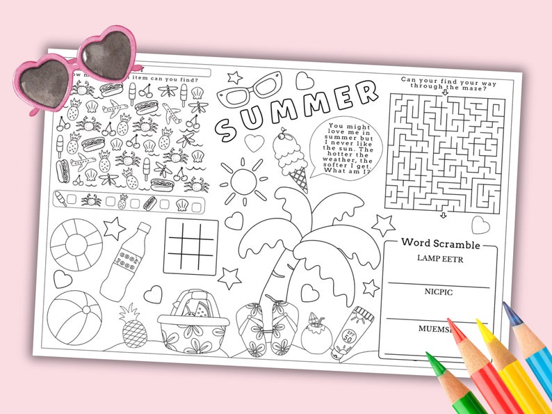 Summer Coloring and Activity Placemat - Printable Summer Activity Pages ...