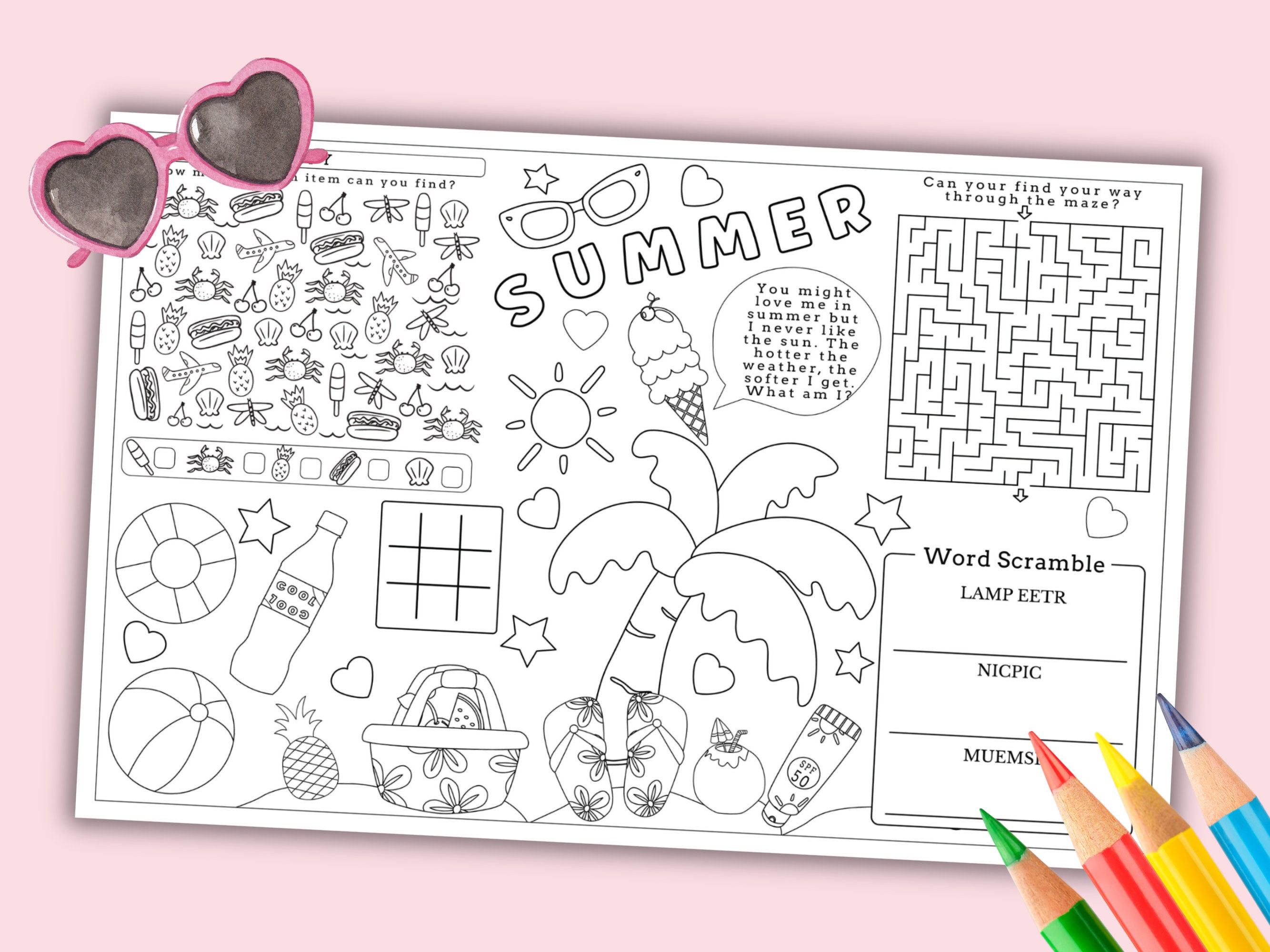 Summer Coloring and Activity Placemat - Printable Summer Activity Pages ...