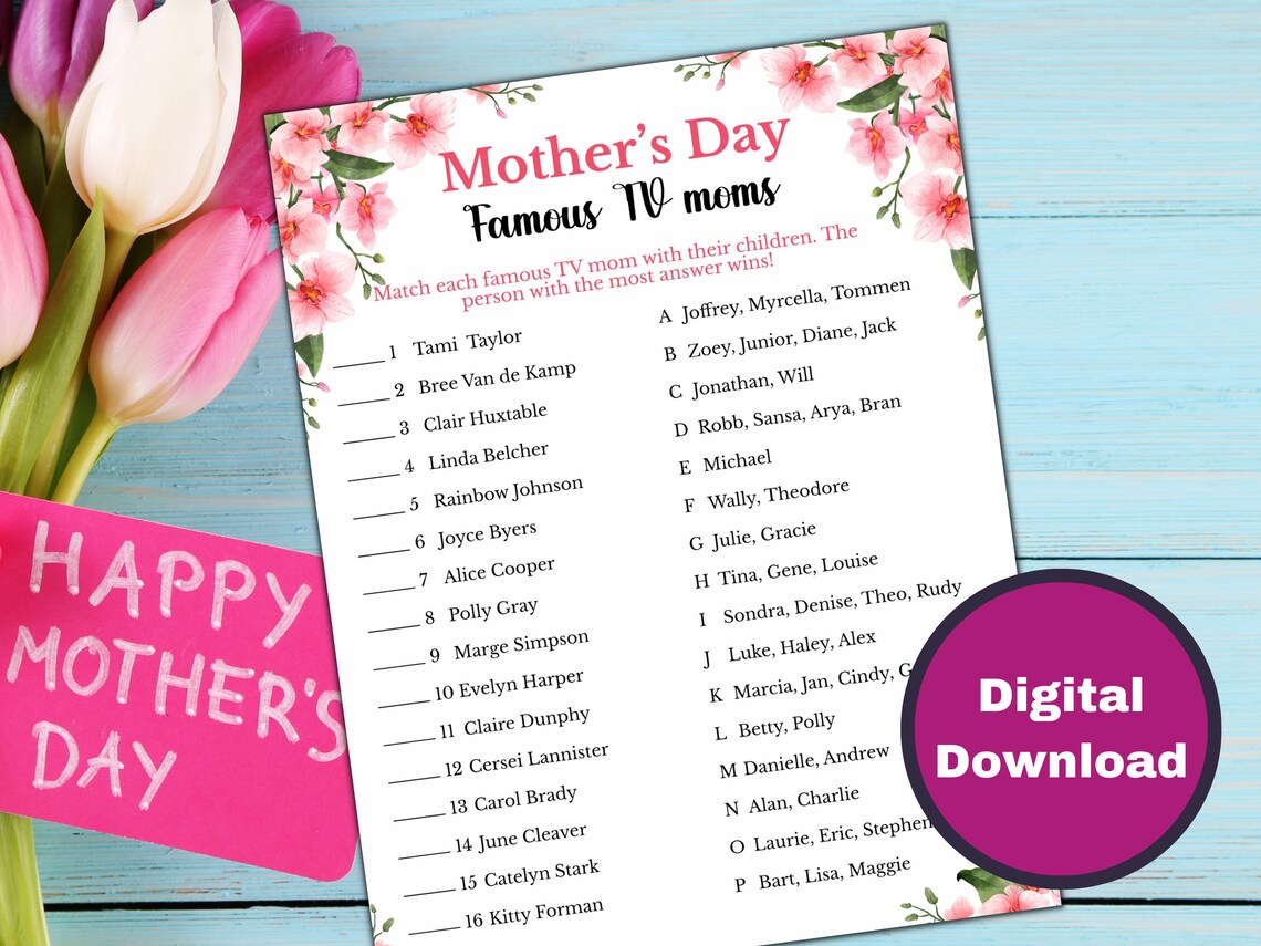Printable Mother's Day Party Game Famous TV Moms Matchup Family Game ...