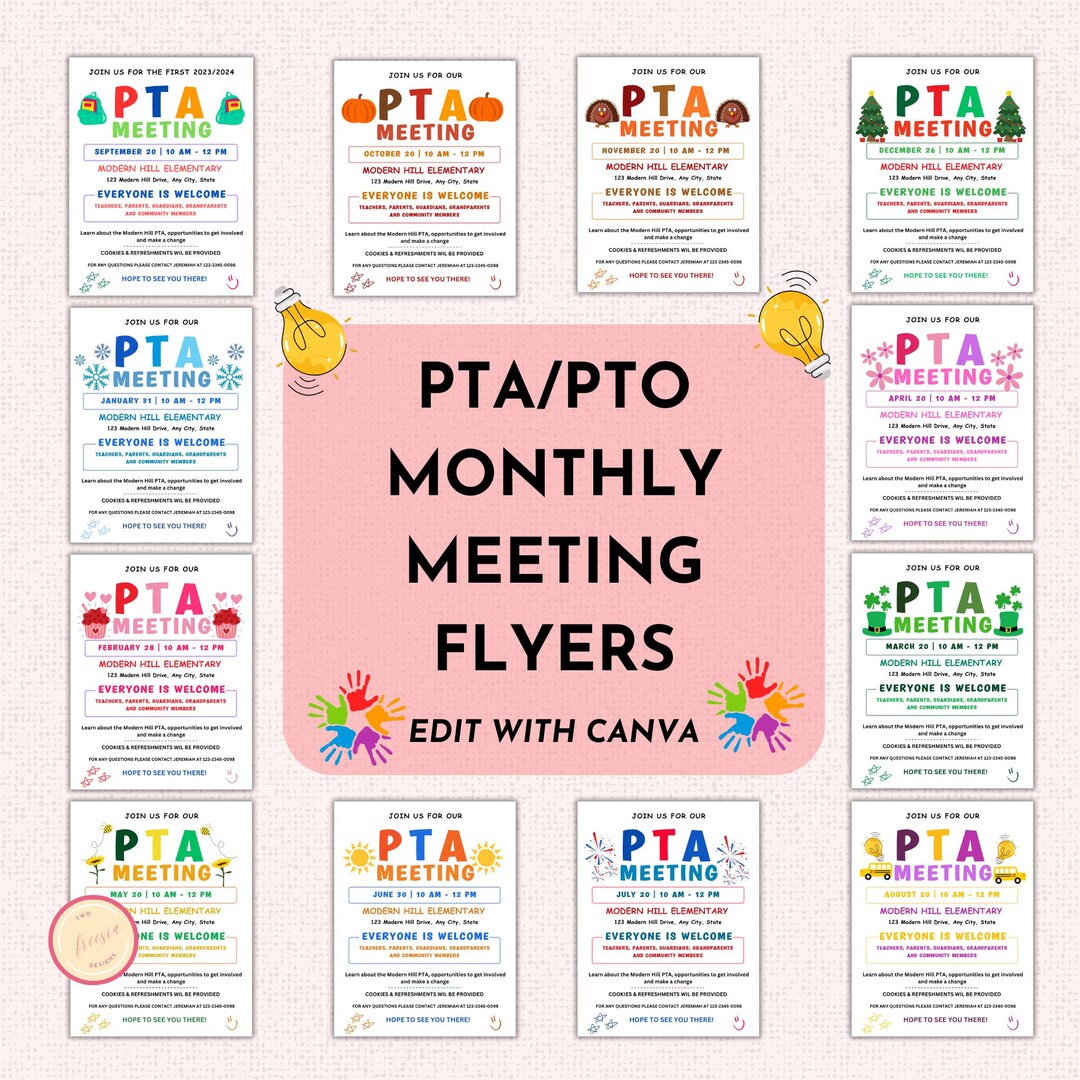 PTA PTO Monthly Meetings Flyer Template Bundle Editable PTA Canva ...