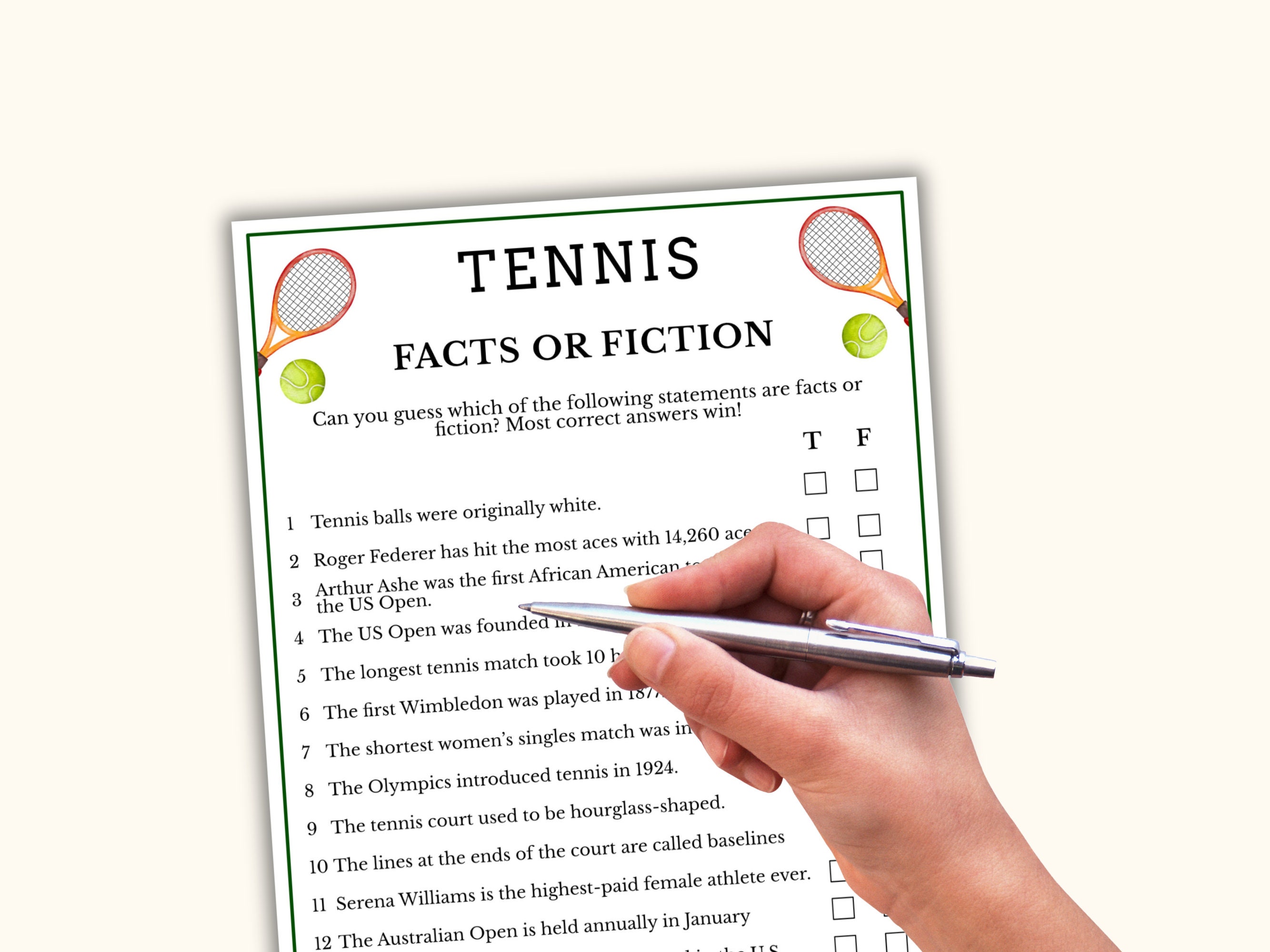 Tennis Facts or Fiction Game - Tennis-themed Party - Printable Tennis ...