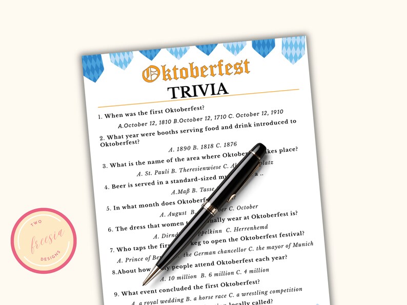 Oktoberfest Trivia Game - Printable Oktoberfest Game - Adult ...