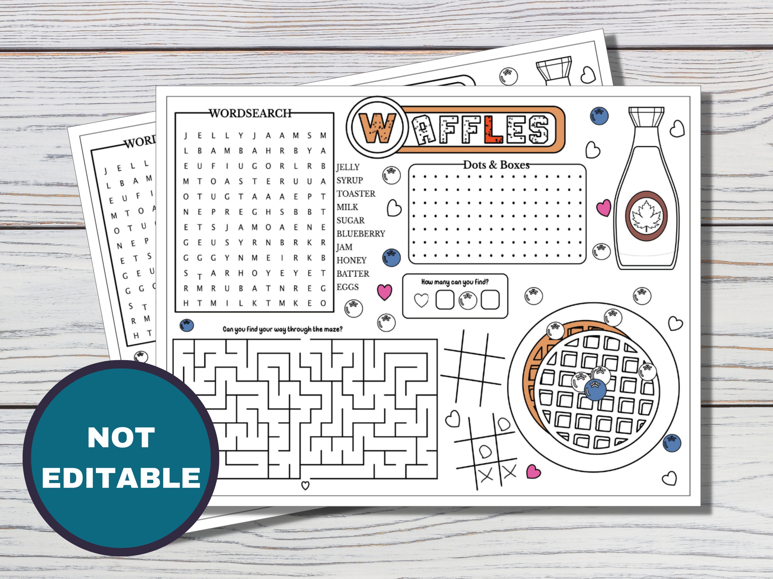 Waffles Coloring and Activity Placemat - Party Games Sheet for Kids - 8 ...