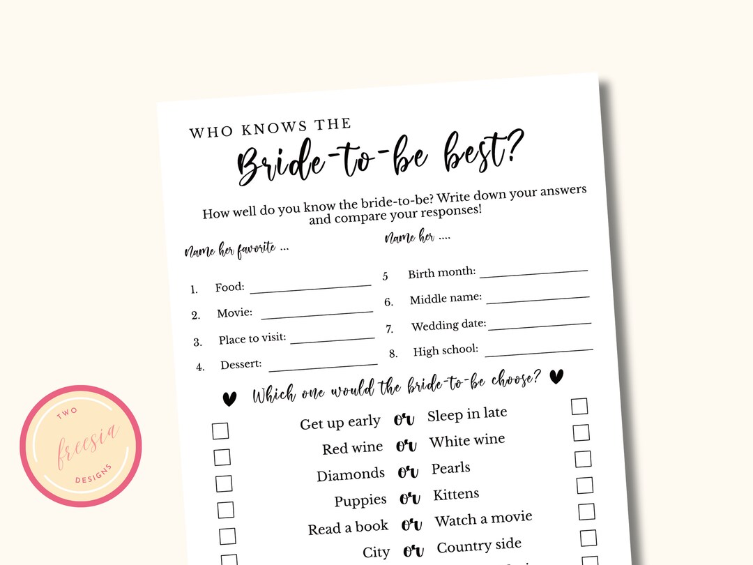 Who Knows the Bride-to-be Best? - Printable Couples Bridal Party Games ...