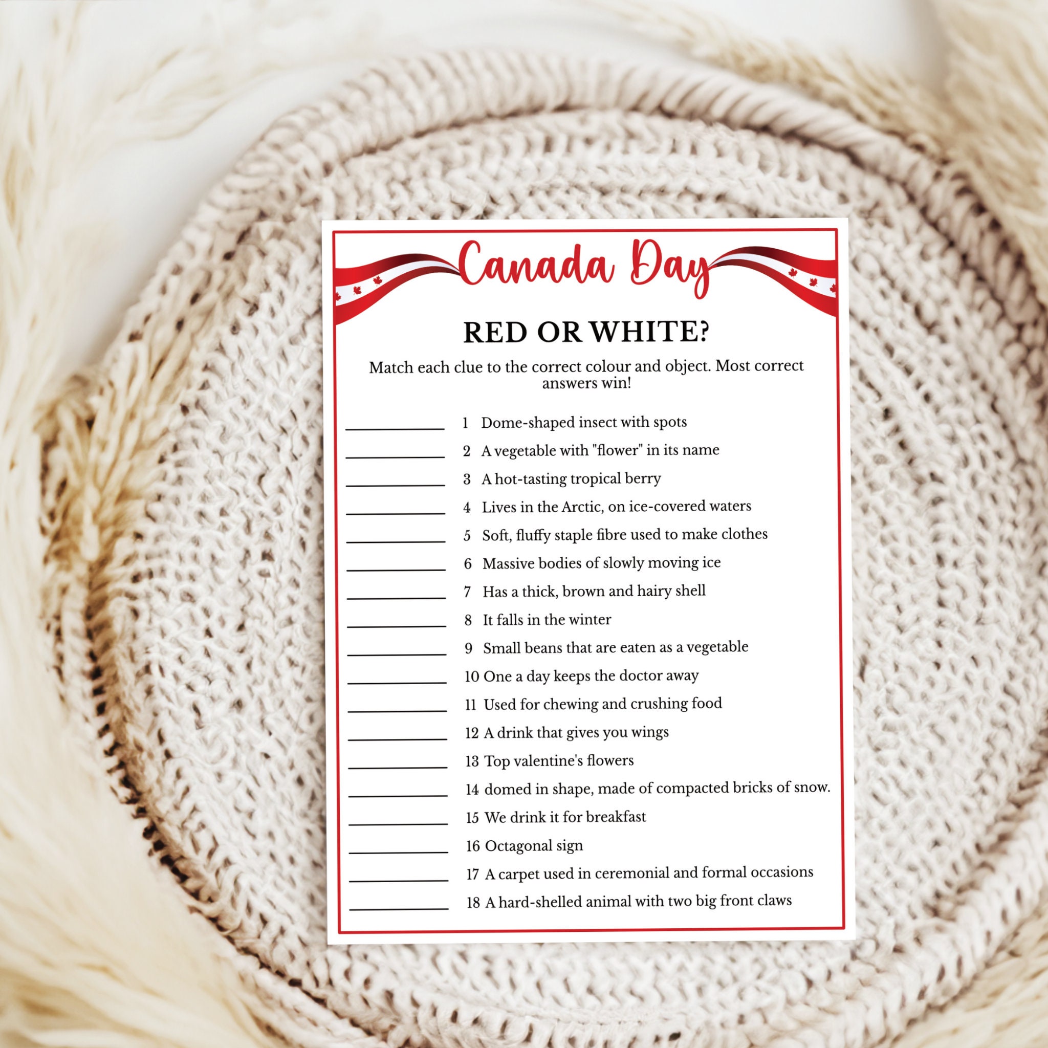 Red or White Game - Printable Canada Day Party Game and Activity for ...