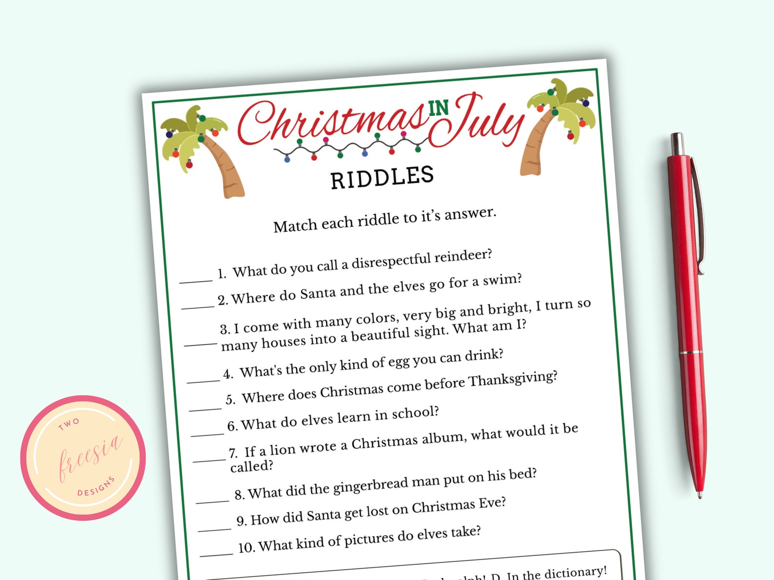 Christmas in July Riddles Game - Printable Christmas in July Game for ...