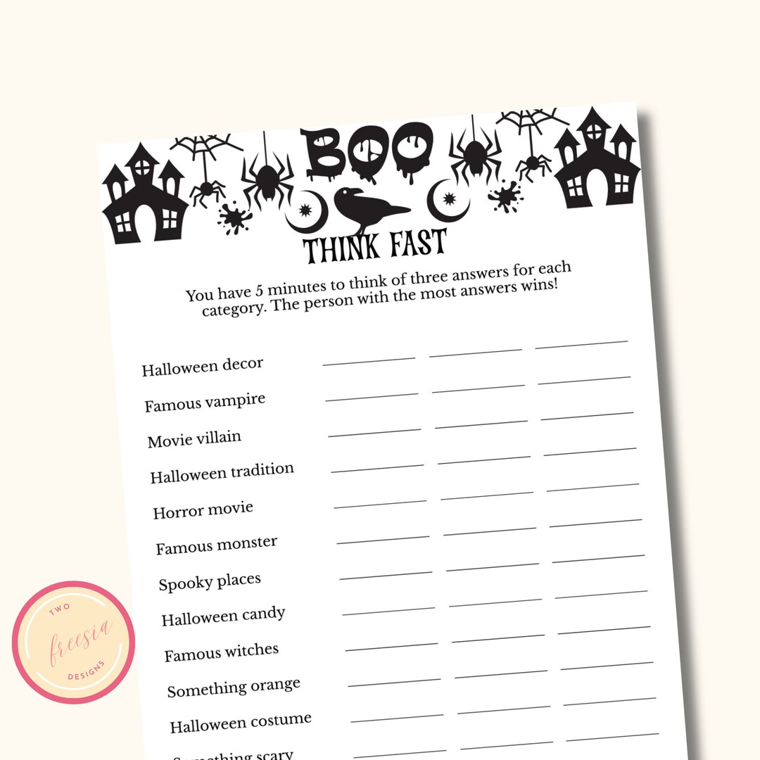 Halloween Think Fast Game - Printable Halloween Party Game for Teens ...