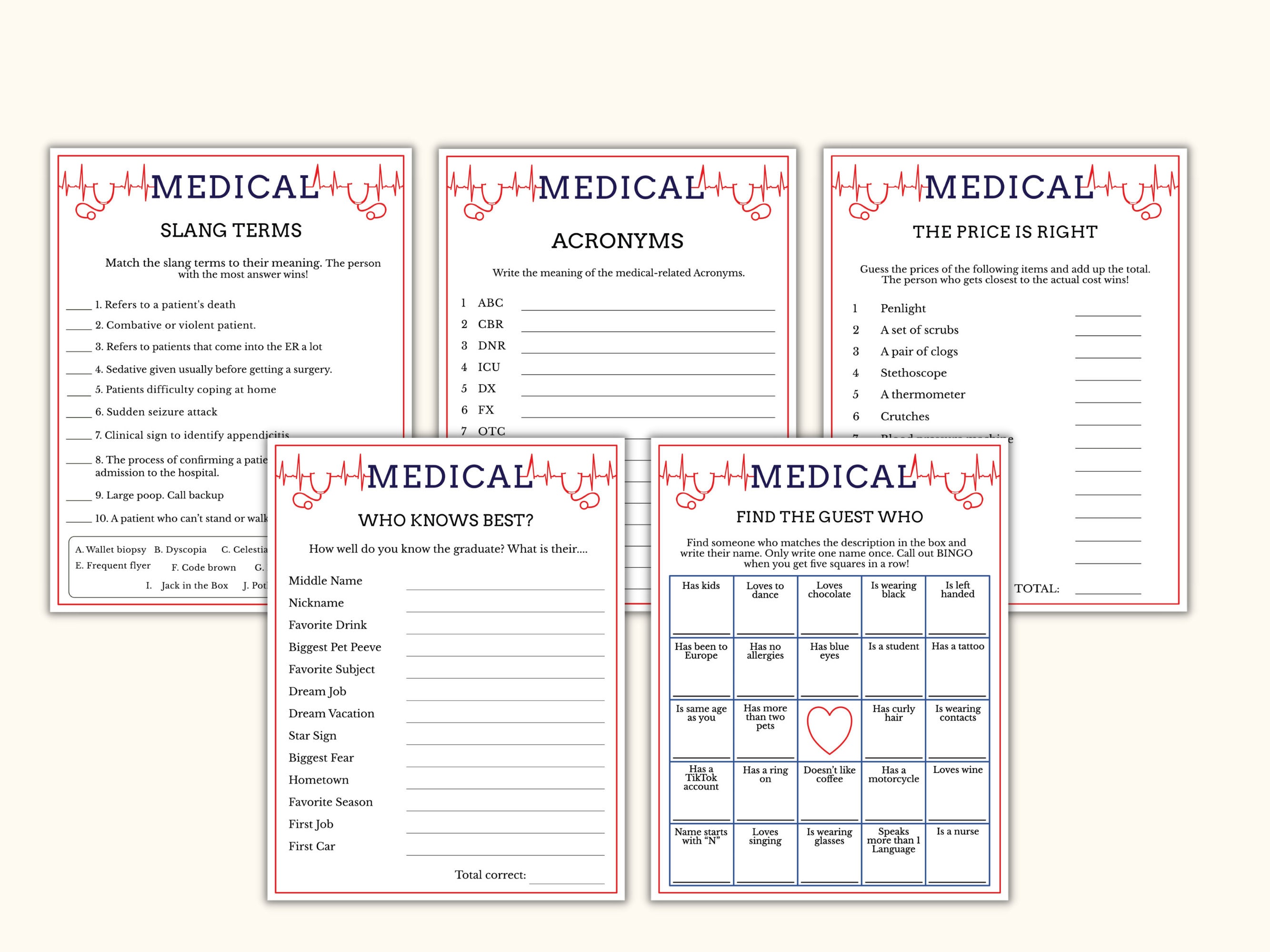 14 Printable Medical Party Game Bundle for Nurse, Doctor, Graduation ...