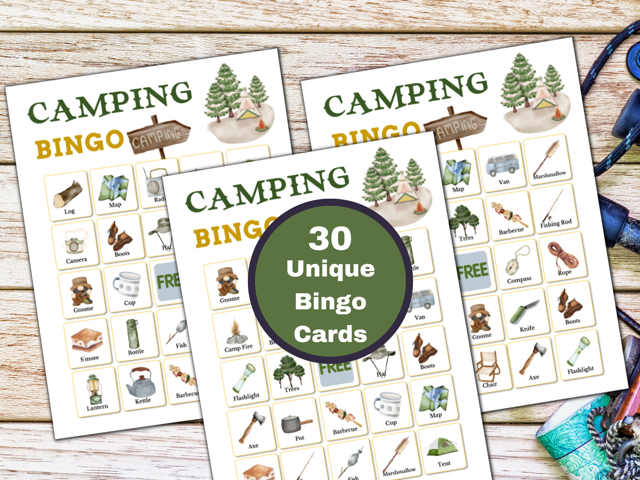 Camping Bingo Game Cards for Kids, Adults and Family Party Favors ...
