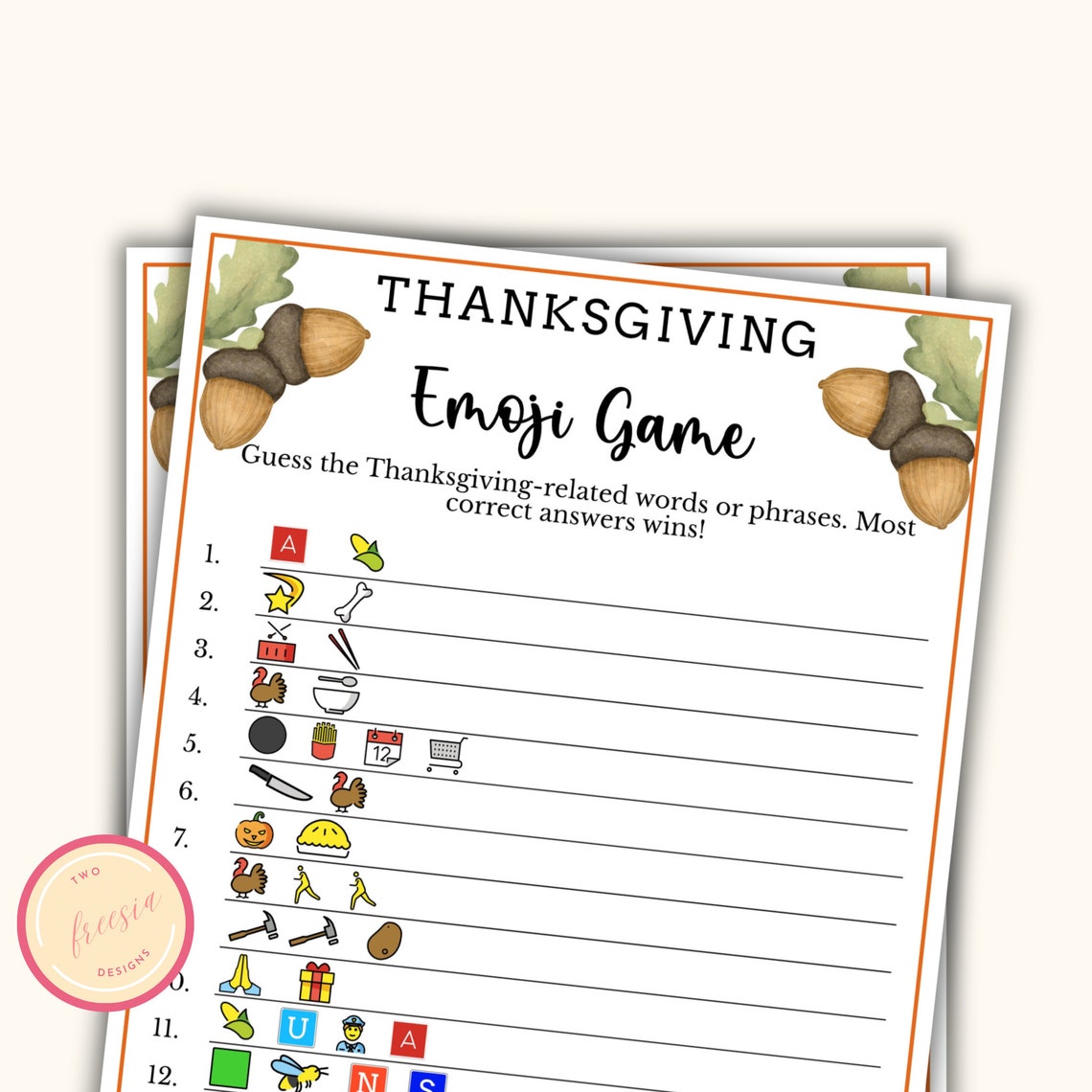 Thanksgiving Emoji Game - Printable Thanksgiving Party Game for Kids ...