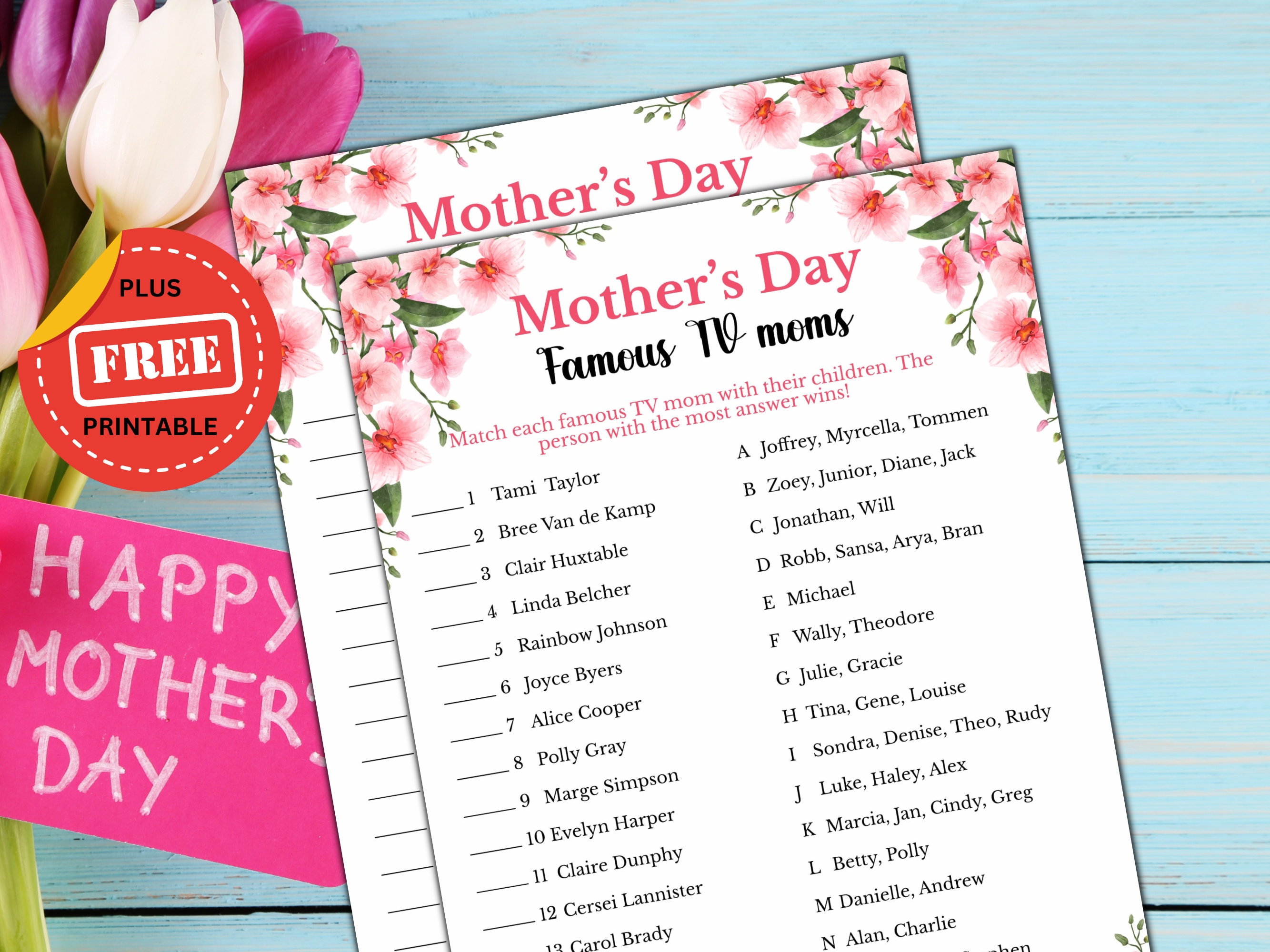 Printable Mother's Day Party Game - Famous TV Moms Matchup - Family ...