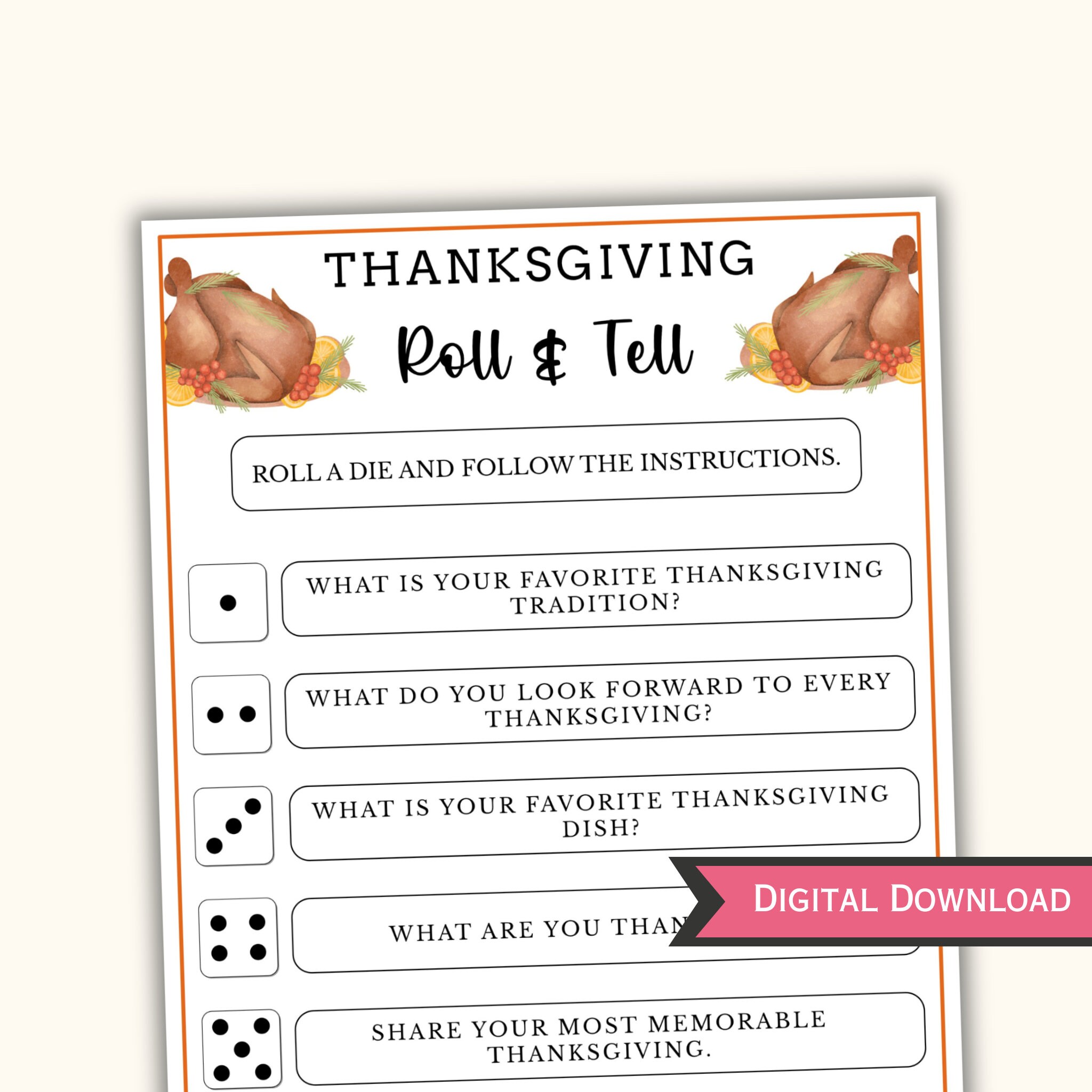 Roll & Tell Thanksgiving Dice Game - Thanksgiving Party Game for Kids ...