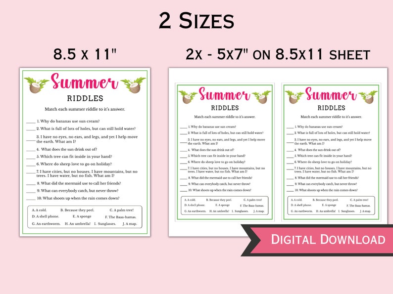 Summer Riddles Game for Kids and Adults - Printable Summer Party Game ...