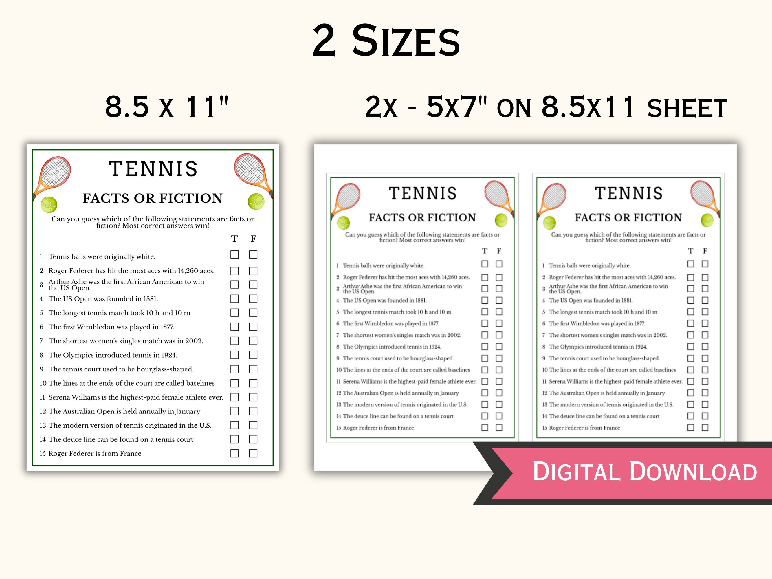 Tennis Facts or Fiction Game - Tennis-themed Party - Printable Tennis ...