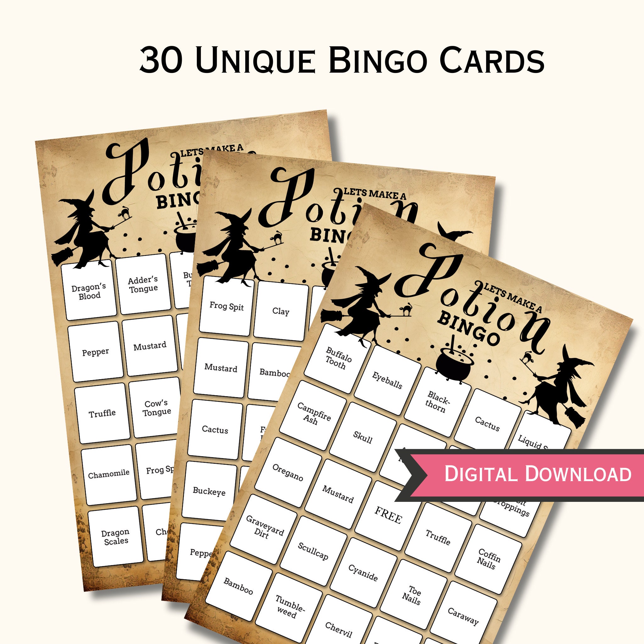 30 Bingo Halloween Cards Printable Bingo Game for Teens or Adults Witch ...