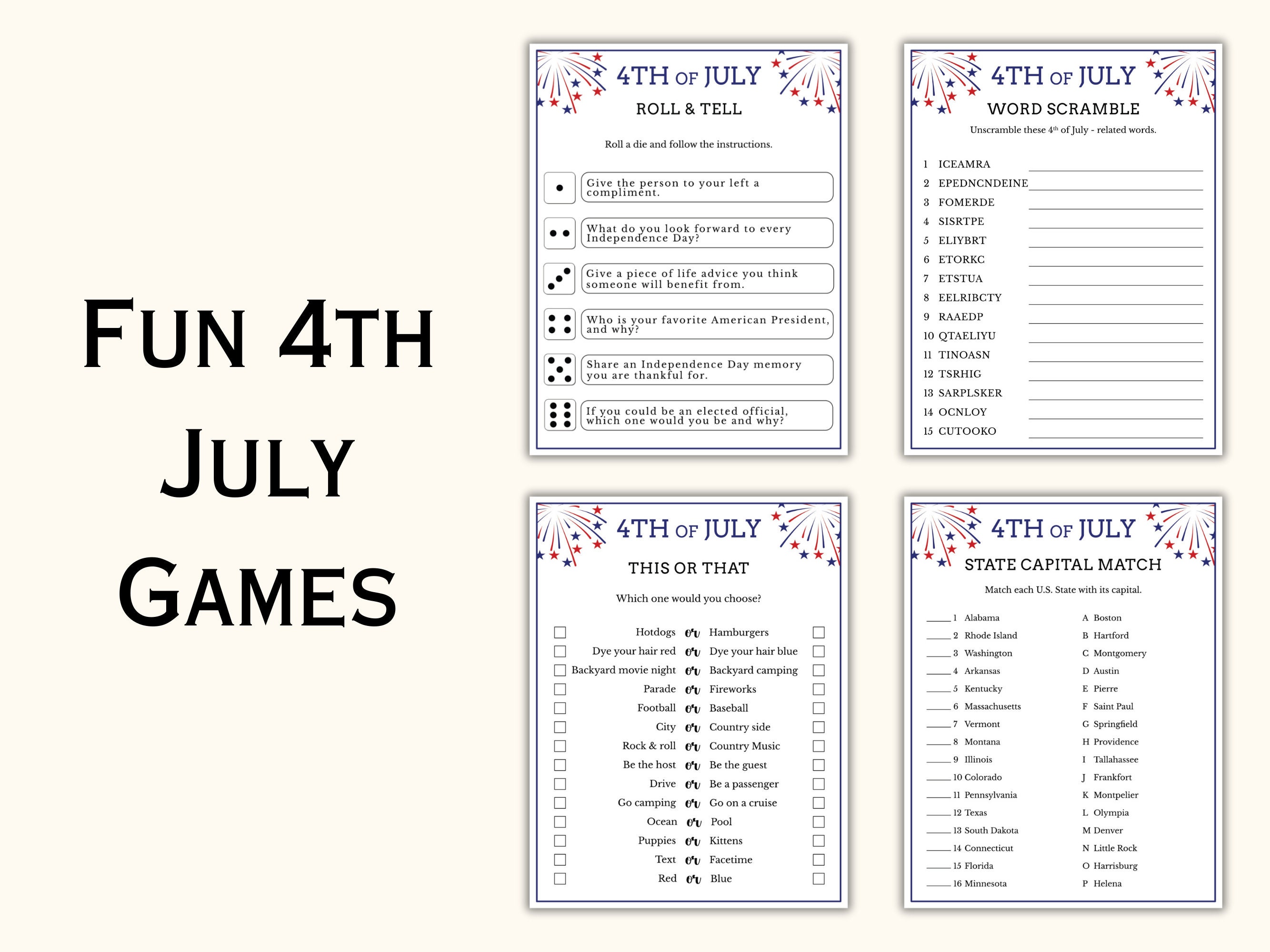 4th of July Games - 20 Printable Fourth of July Game Bundle for Kids ...