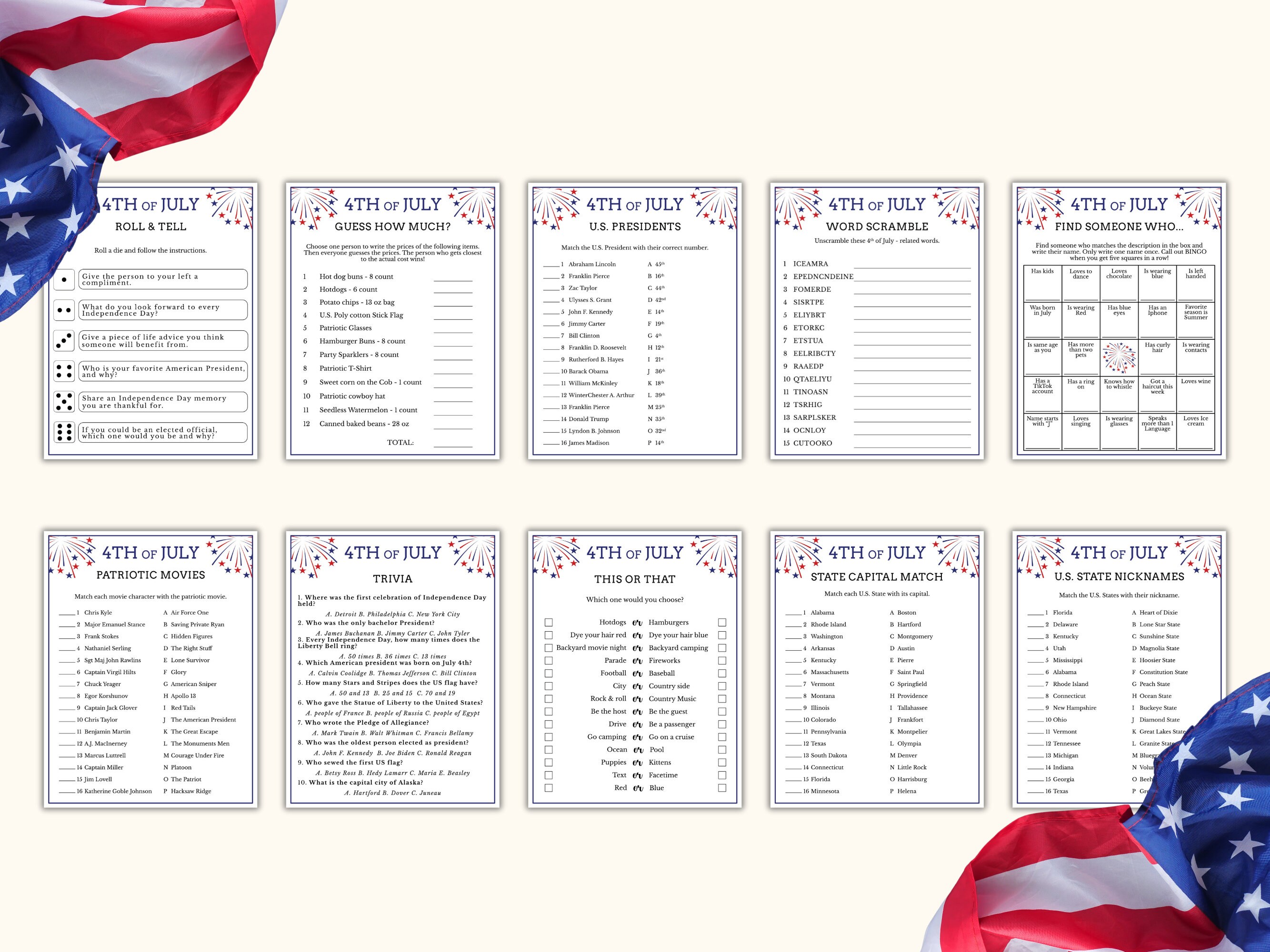 4th of July Games - 20 Printable Fourth of July Game Bundle for Kids ...