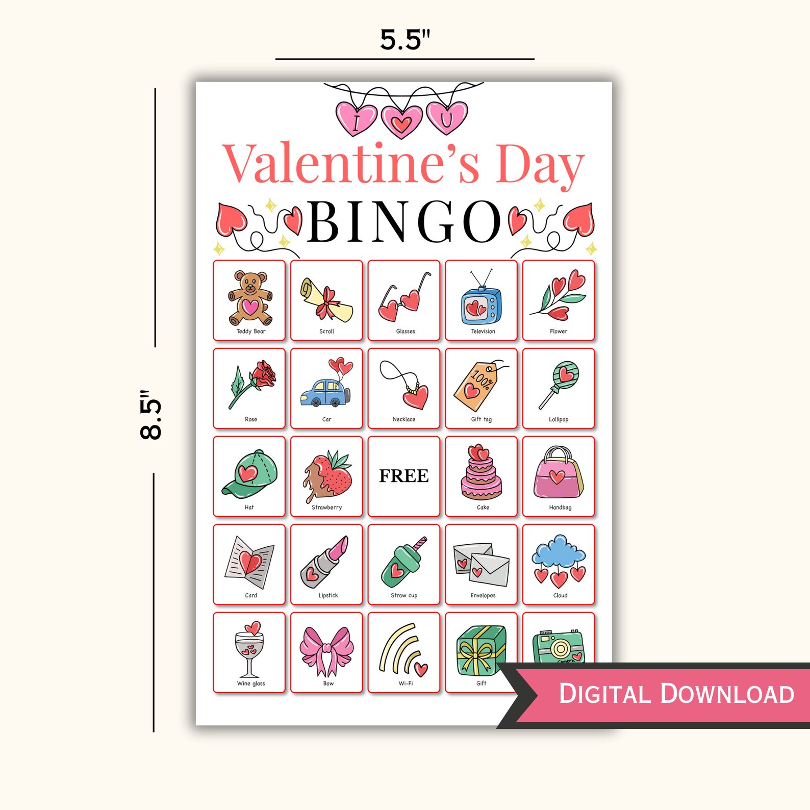 50 Bingo Valentine's Day Bingo Cards - Printable Bingo Game for Kids ...