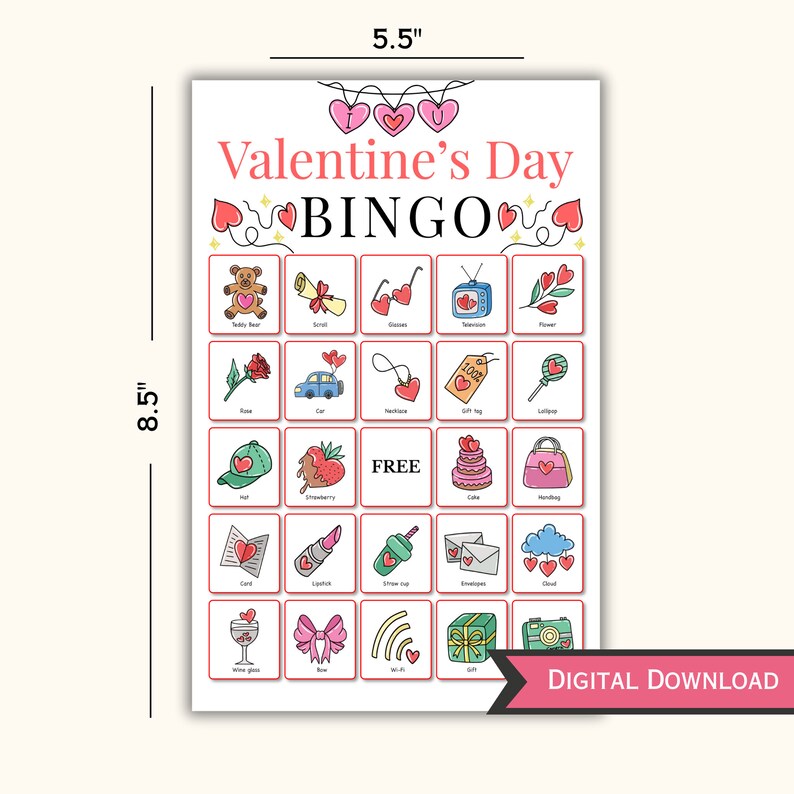 50 Bingo Valentine's Day Bingo Cards - Printable Bingo Game for Kids ...
