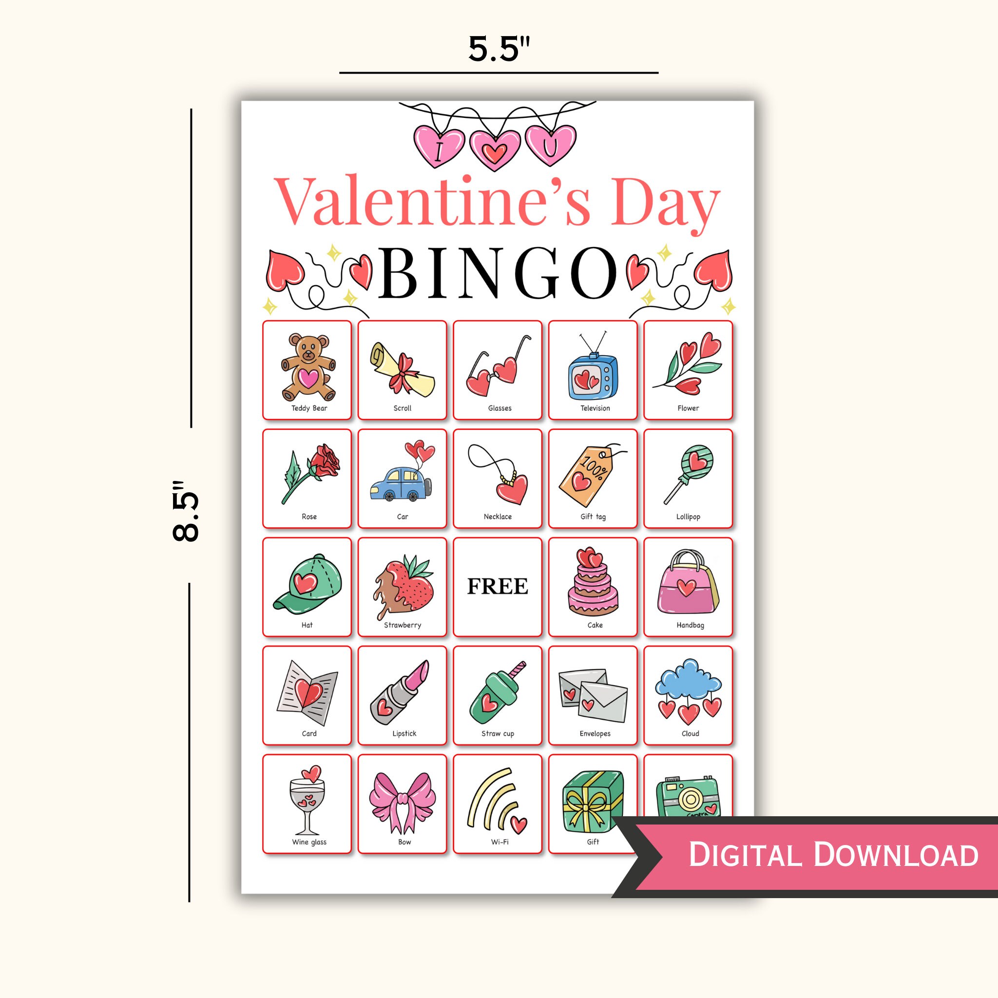 50 Bingo Valentine's Day Bingo Cards - Printable Bingo Game for Kids ...