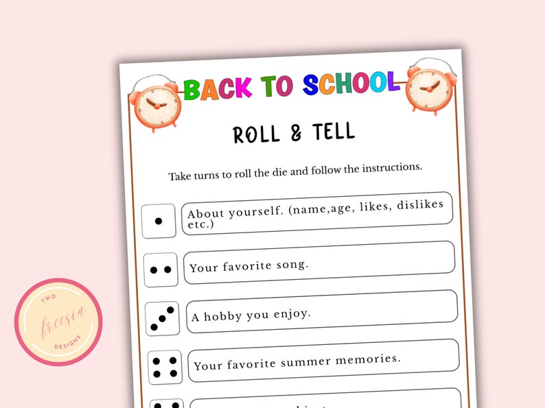 Roll and Tell Dice Game - Printable Back to School Game - First Day of ...