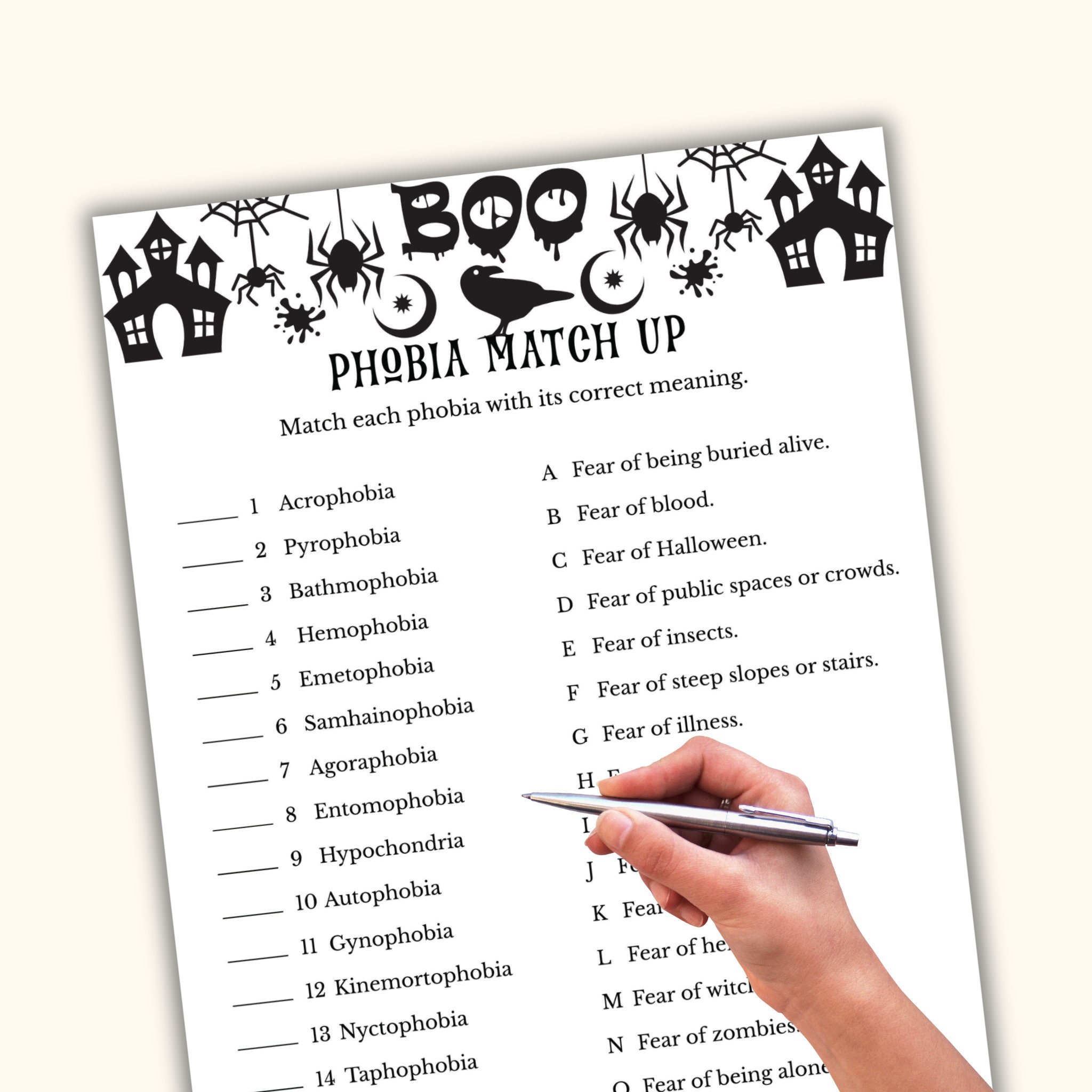 Halloween Phobia Matchup Game - Printable Halloween Party Game for ...
